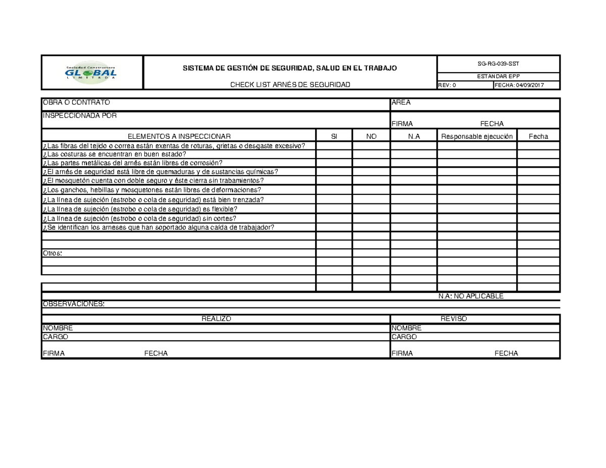 Check LIST Arnes DE Seguridad_ inspecciones de seguridad - REV: 0 SI NO ...