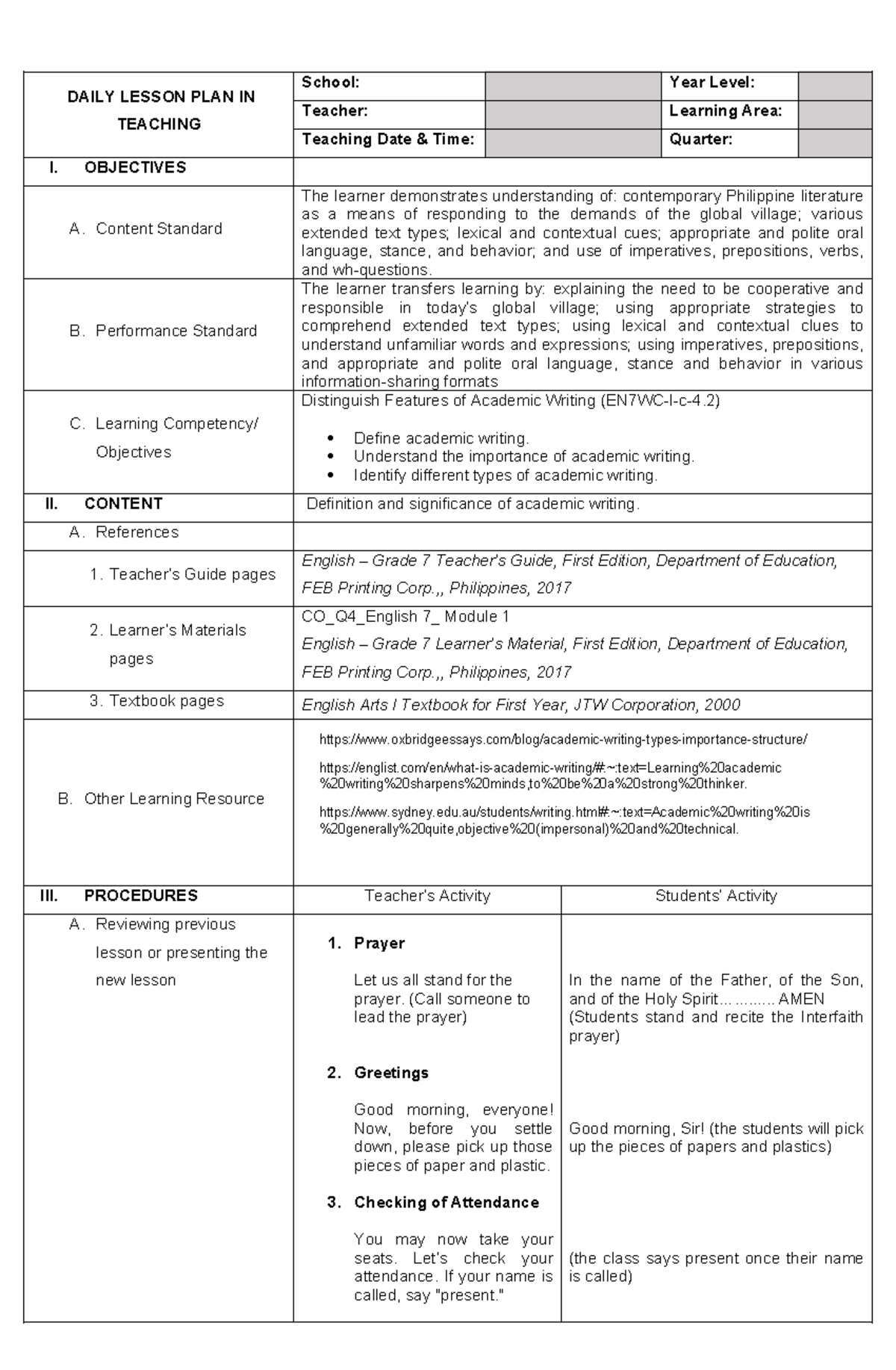 DAILY LESSON PLAN: ACADEMIC WRITING FOR GRADE 7 (CO_Q4_English 7) - Studocu