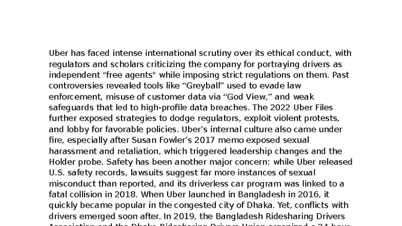 ETHC 101: Uber's Ethical Challenges and Global Scrutiny - Studocu