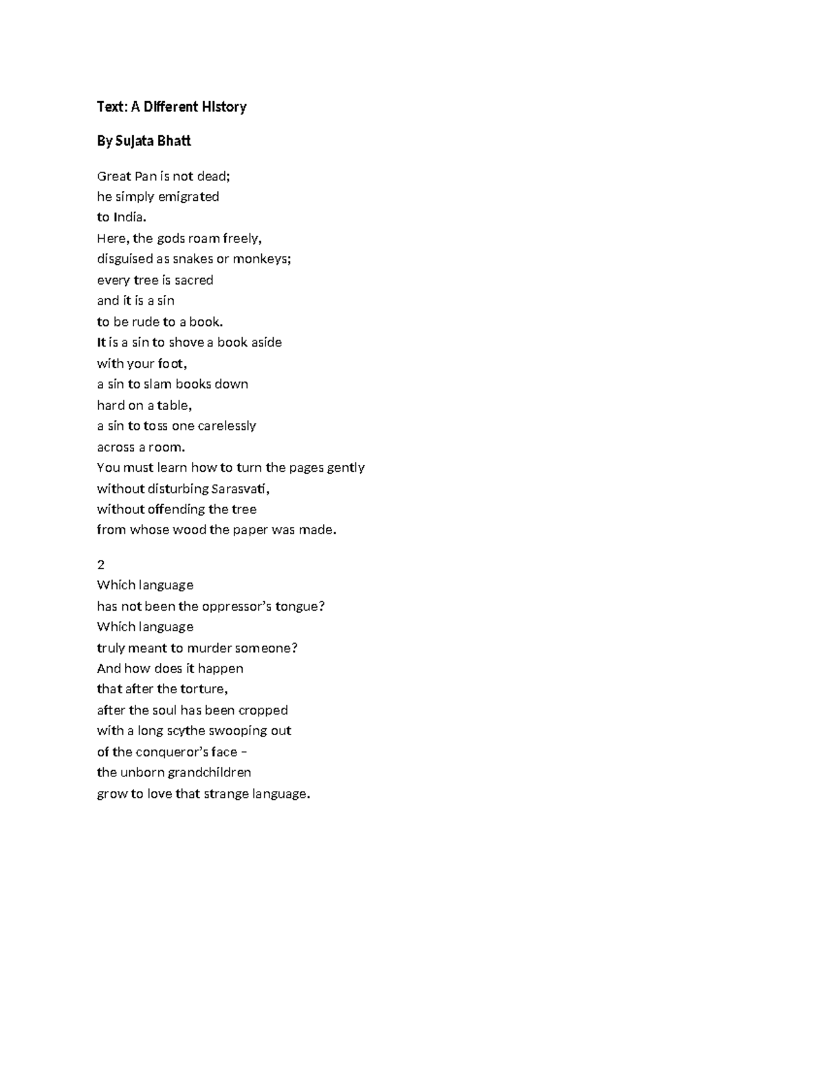 A Different History: Analysis of Sujata Bhatt's Poem - Studocu