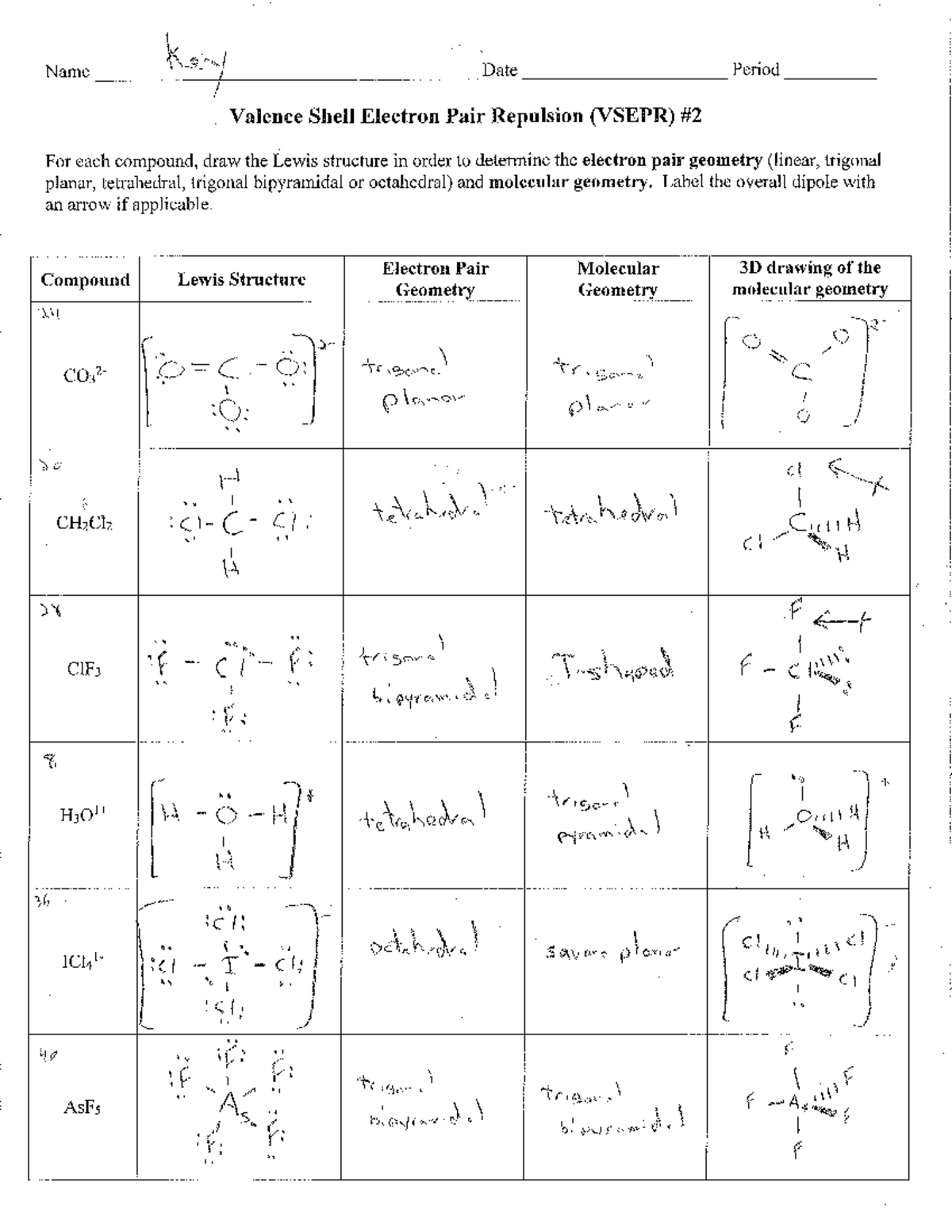 Vsepr Key - homework - Name key Date Period Valence Shell Electron Pair ...