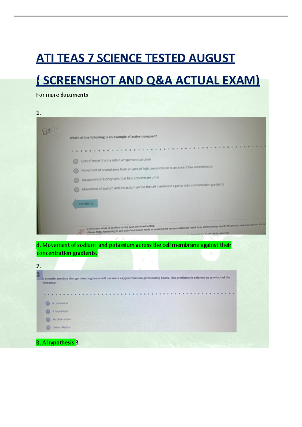 ATI TEAS 7 Science: Actual Exam Q&A & Screenshots from August 2022 ...