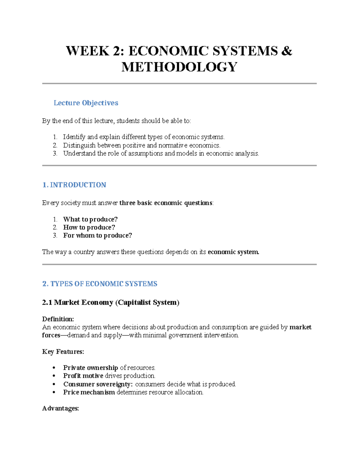 ECON 101: Week 2 - Economic Systems Methodology Lecture Notes - Studocu