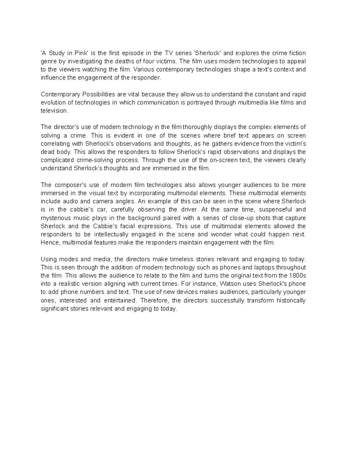 English Standard Year 11 A Study in Pink (prescribed text) draft ...