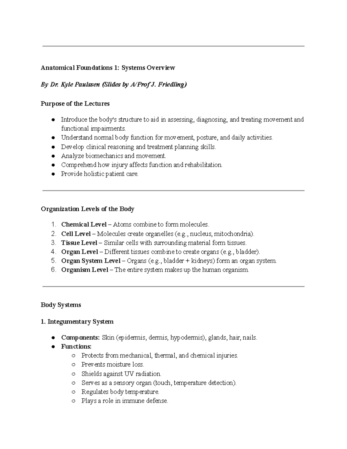 HUB 101: Anatomical Foundations - Systems Overview Lecture Notes - Studocu