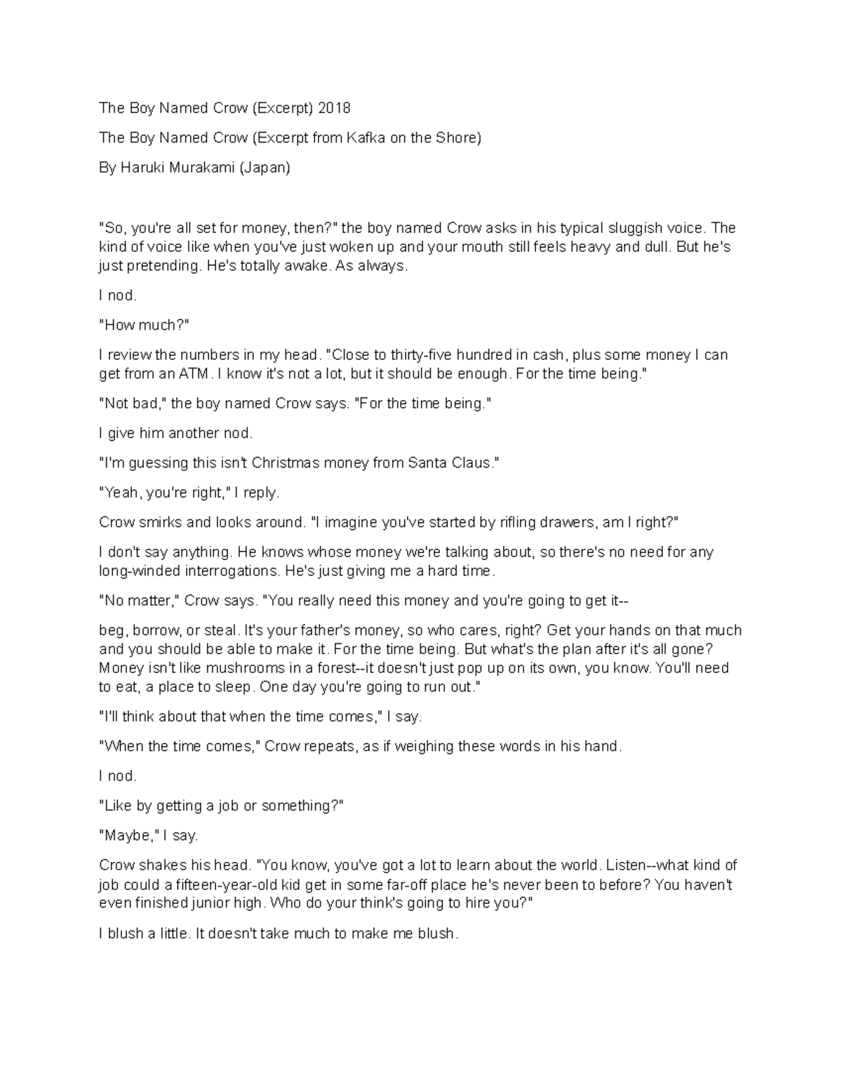 The Boy Named Crow: An Excerpt from Kafka on the Shore - Studocu