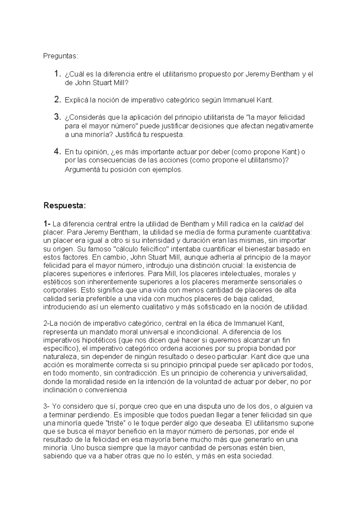 El Utilitarismo: Comparativa Bentham vs. Mill - Uva 4 Virtual - Studocu