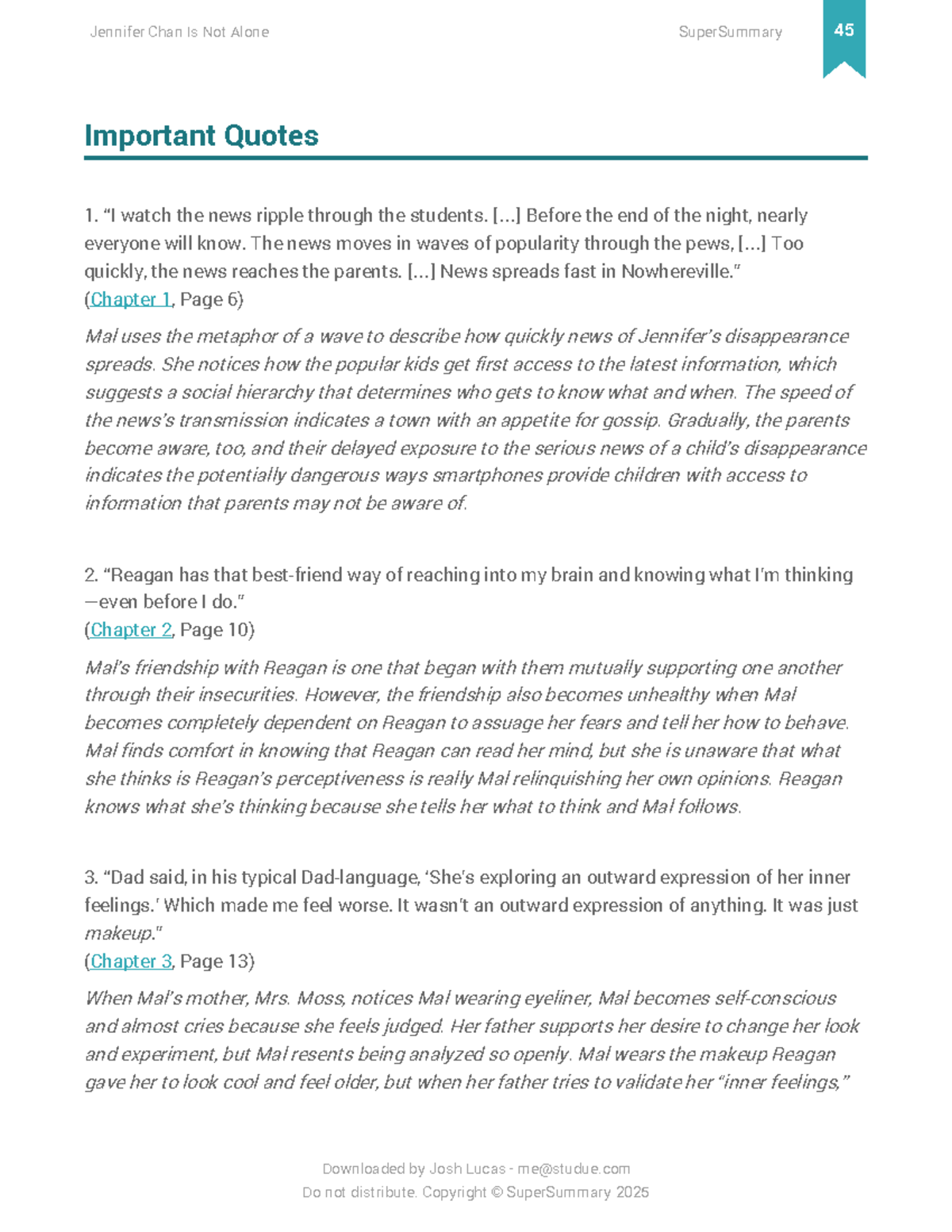 Jennifer Chan Is Not Alone - Super Summary Study Guide 46 - Important ...