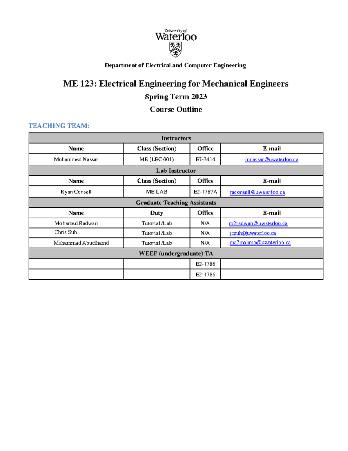 Outline for ME 123 W22 - Electrical Engineering Course Spring 2023 ...