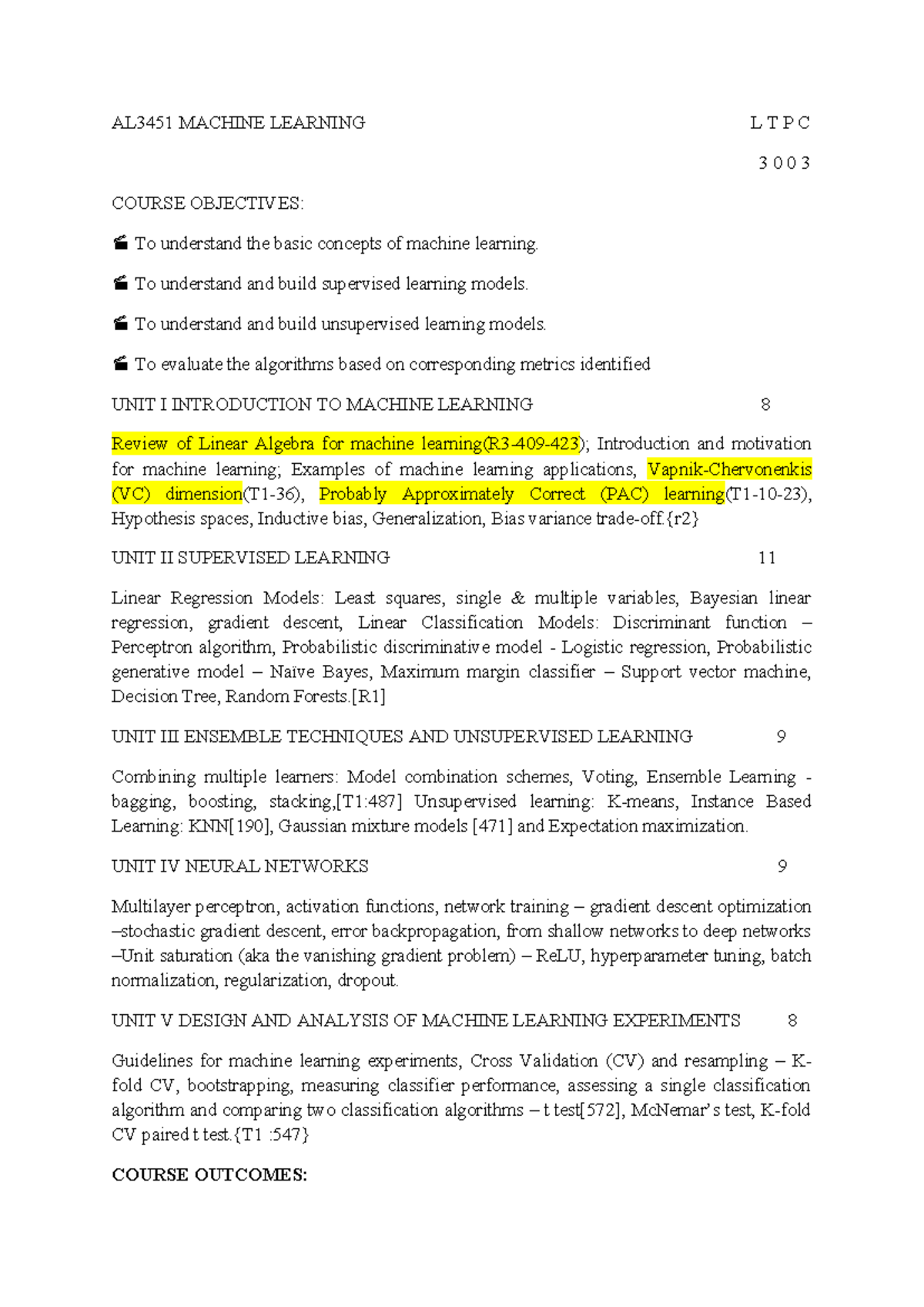 AL3451 Machine Learning Course Syllabus Overview - Studocu