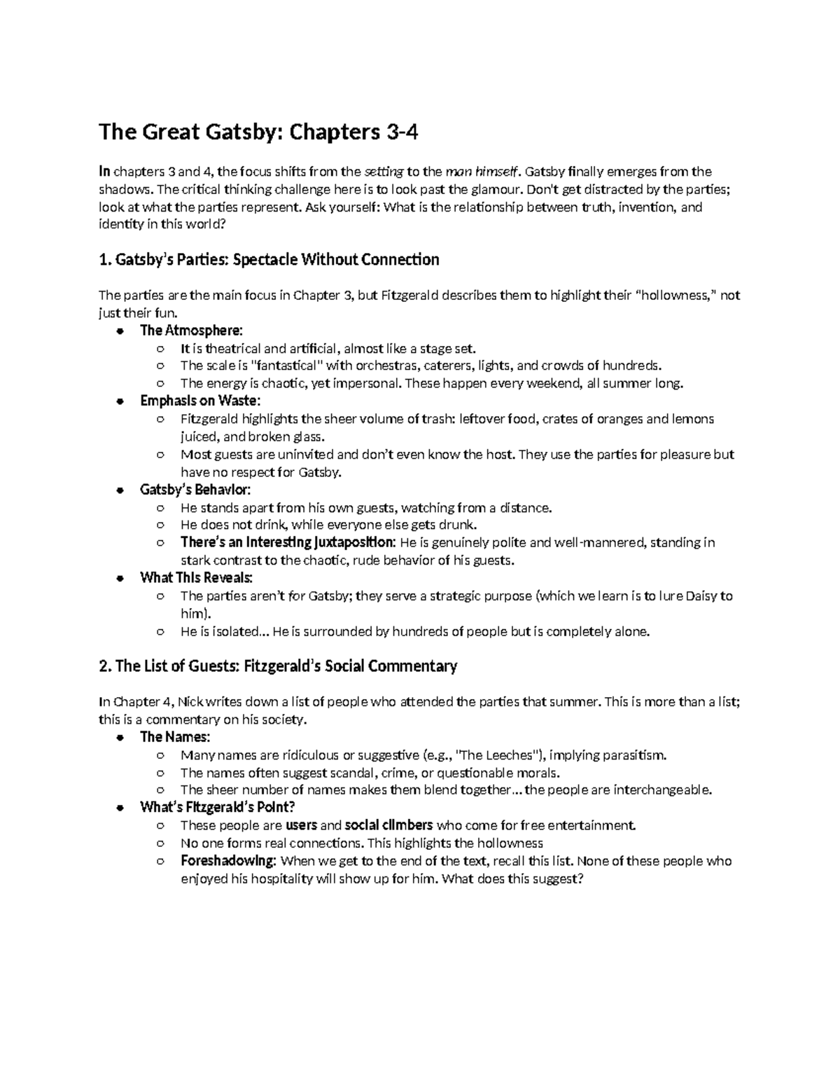 Gatsby Analysis: Chapters 3-4 Insights and Themes - Studocu