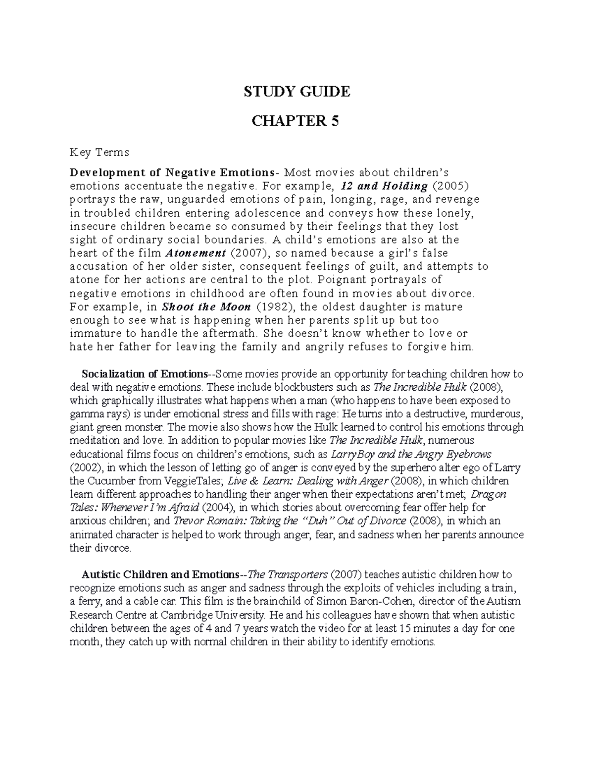 SOP3015 Study Guide for Chapter 5: Emotions in Childhood - Studocu