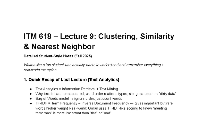 ITM 618 Lecture 9: Clustering & Nearest Neighbors Detailed Notes (Fall ...