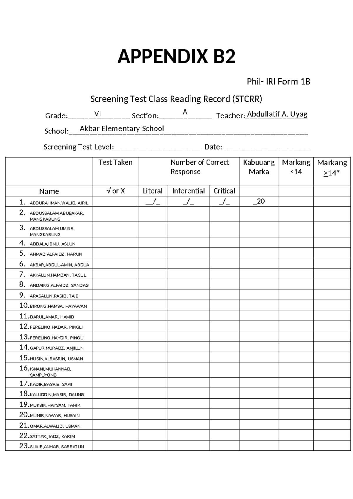 Appendix B2 - Phil- IRI Form 1B Screening Test Record - Studocu