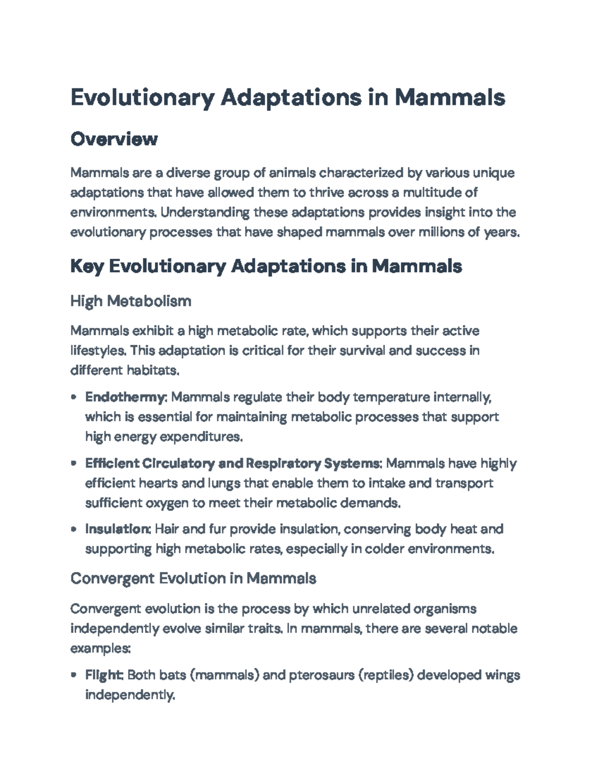 Evolutionary Adaptations of Mammals: Insights and Processes ...