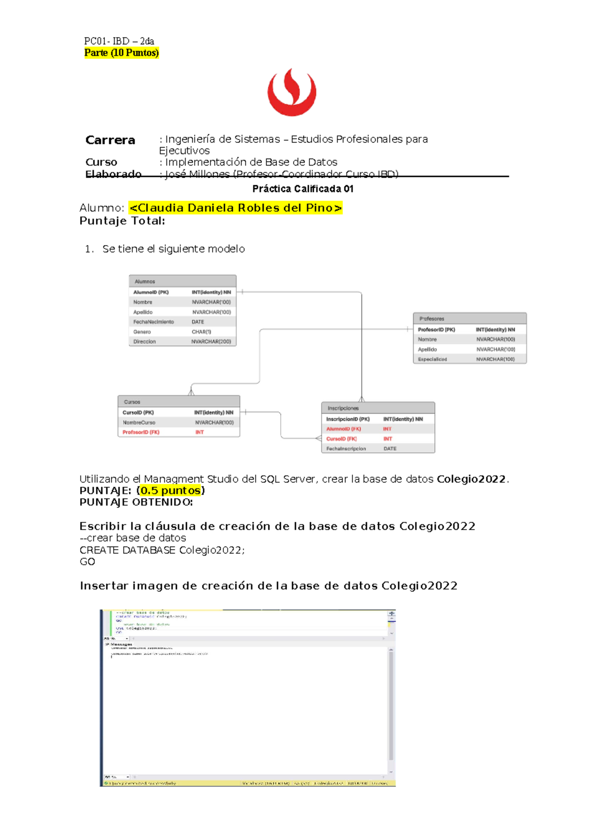 PC01-IBD: Práctica Calificada 01 - Diseño de Base de Datos - Studocu