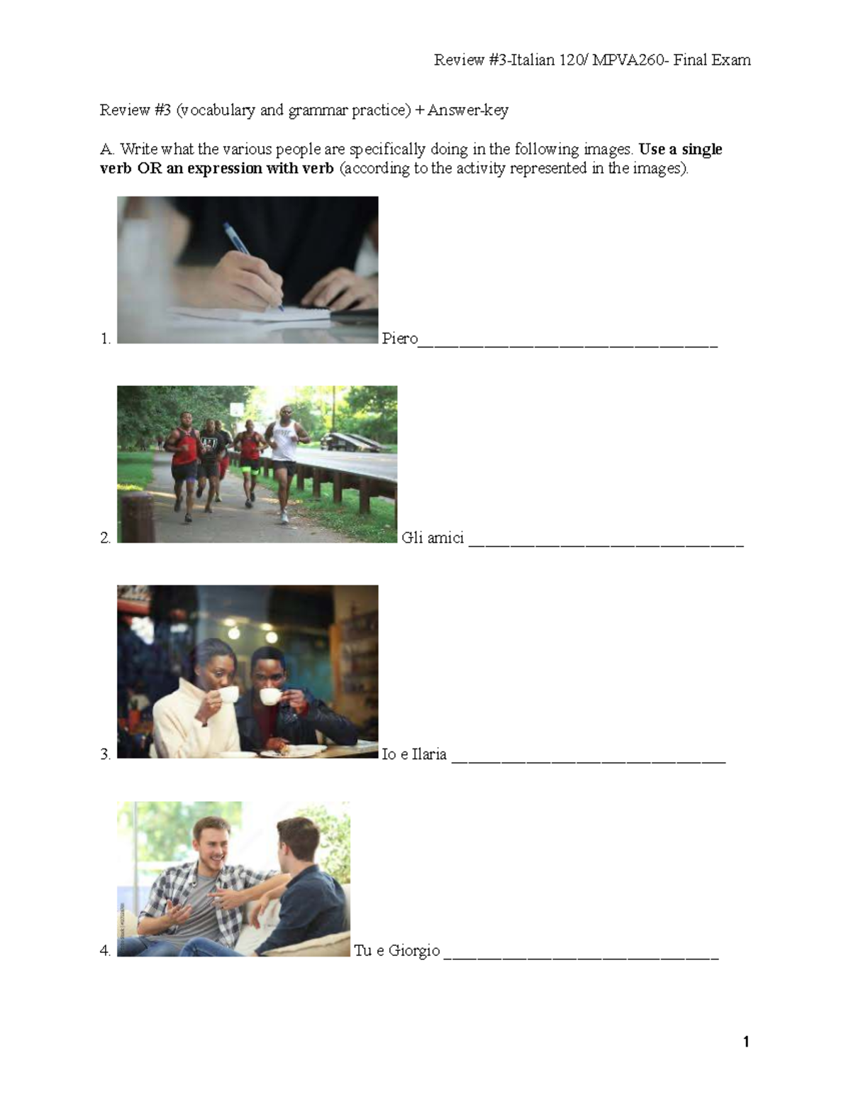 Italian 120/MPVA260 Final Exam Review #3: Grammar & Vocabulary Practice ...