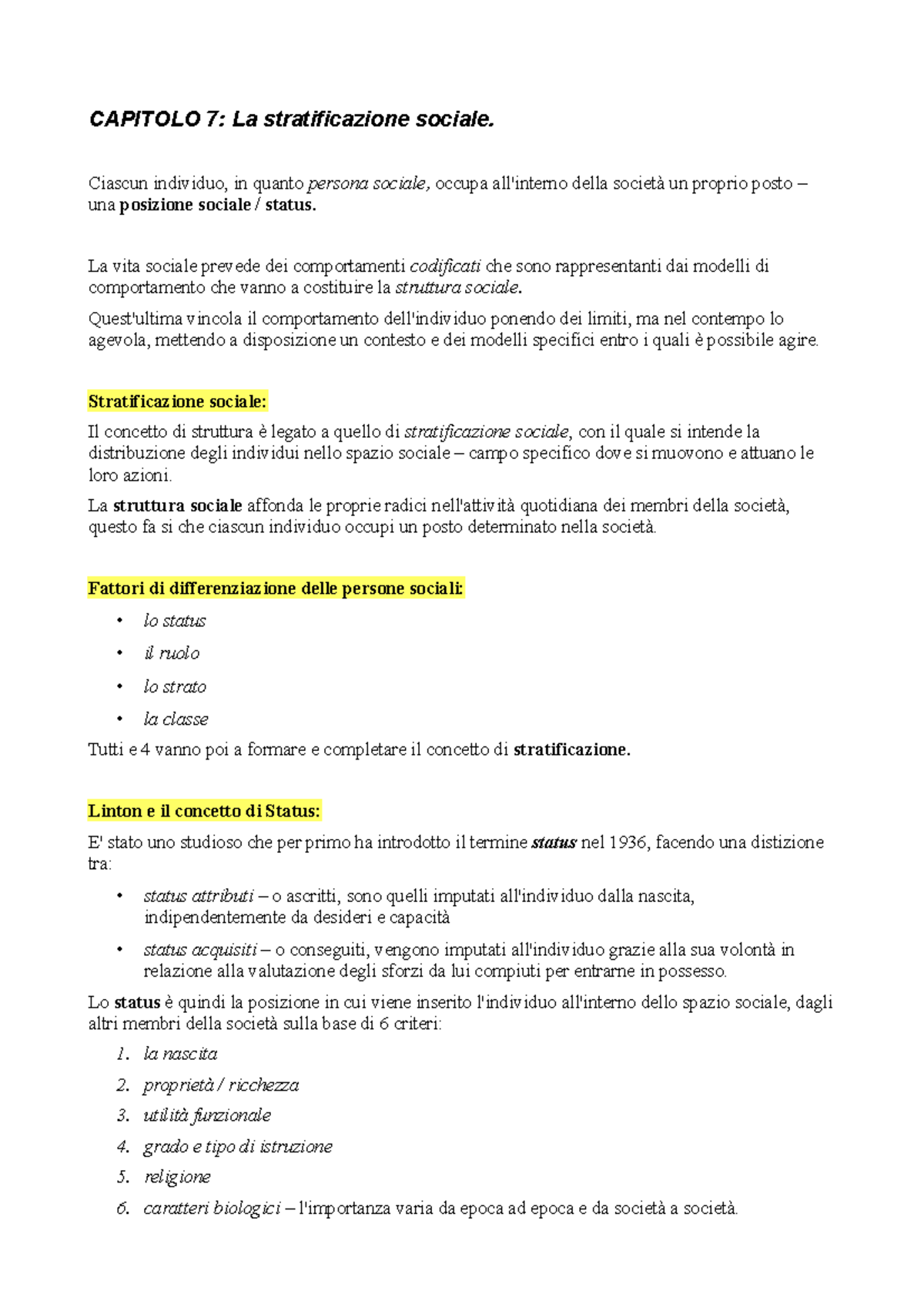 Cap 7: Stratificazione Sociale e Status - Riflessioni e Concetti Chiave ...