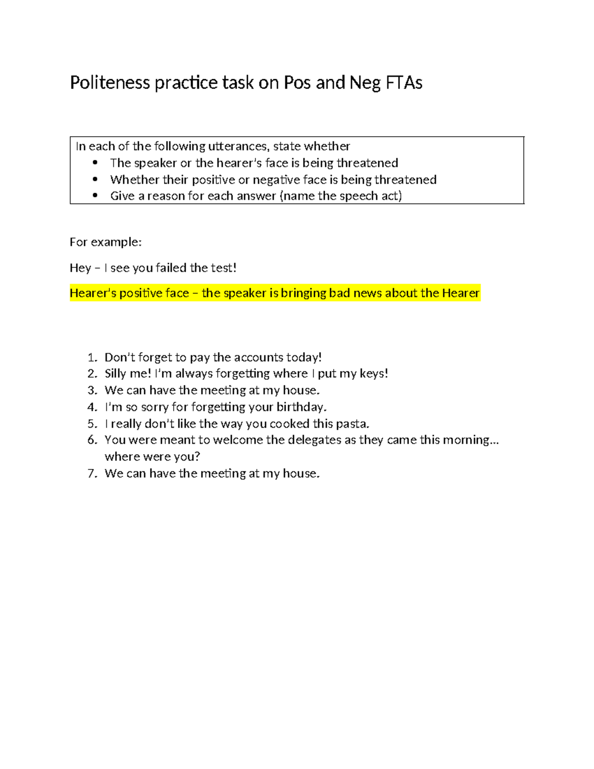 LESV201 Politeness Practice Task: Analyzing Pos & Neg FTAs - Studocu