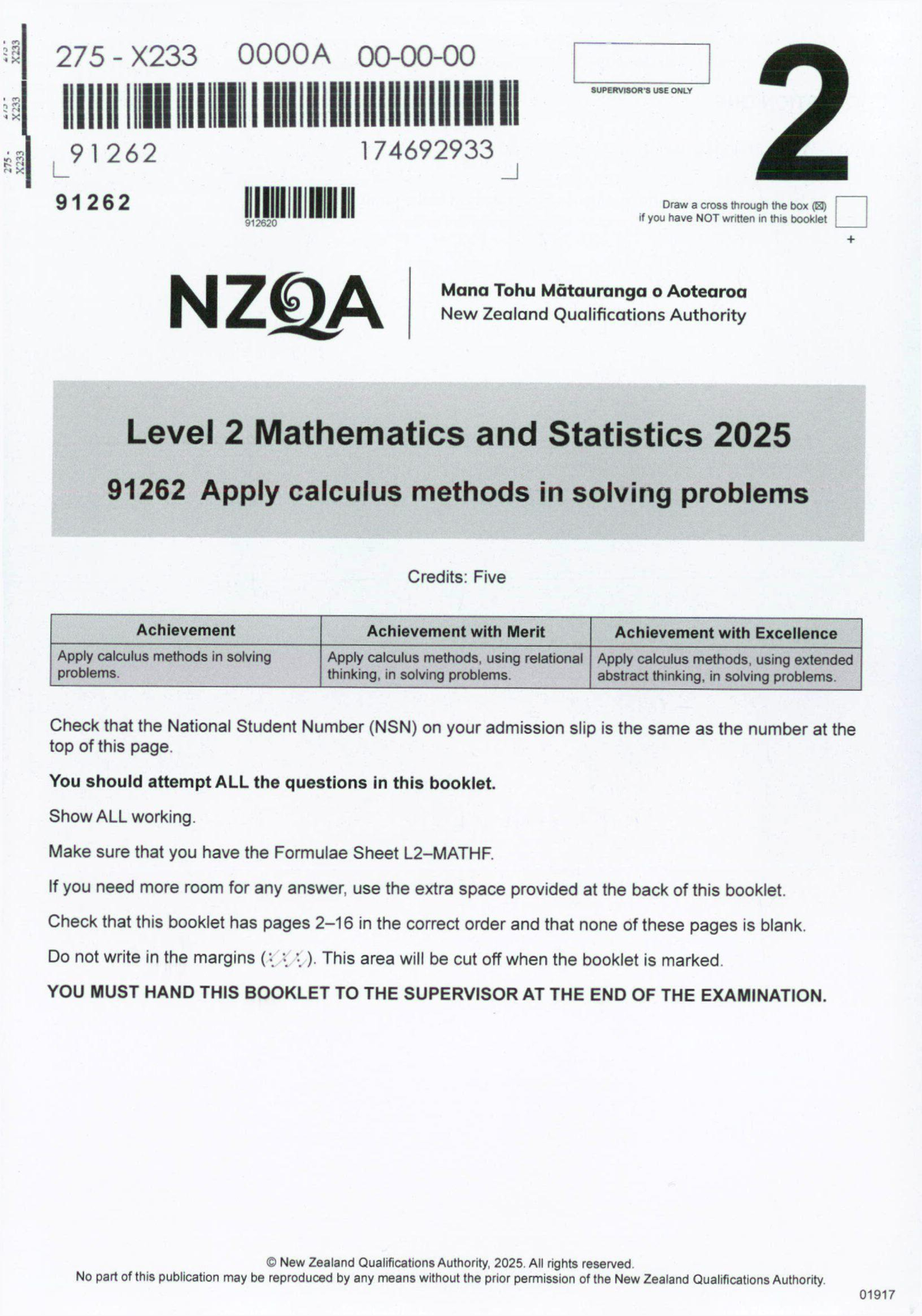 Mathematics and Statistics 91262 Level 2 Calculus Exam 2025 - Studocu