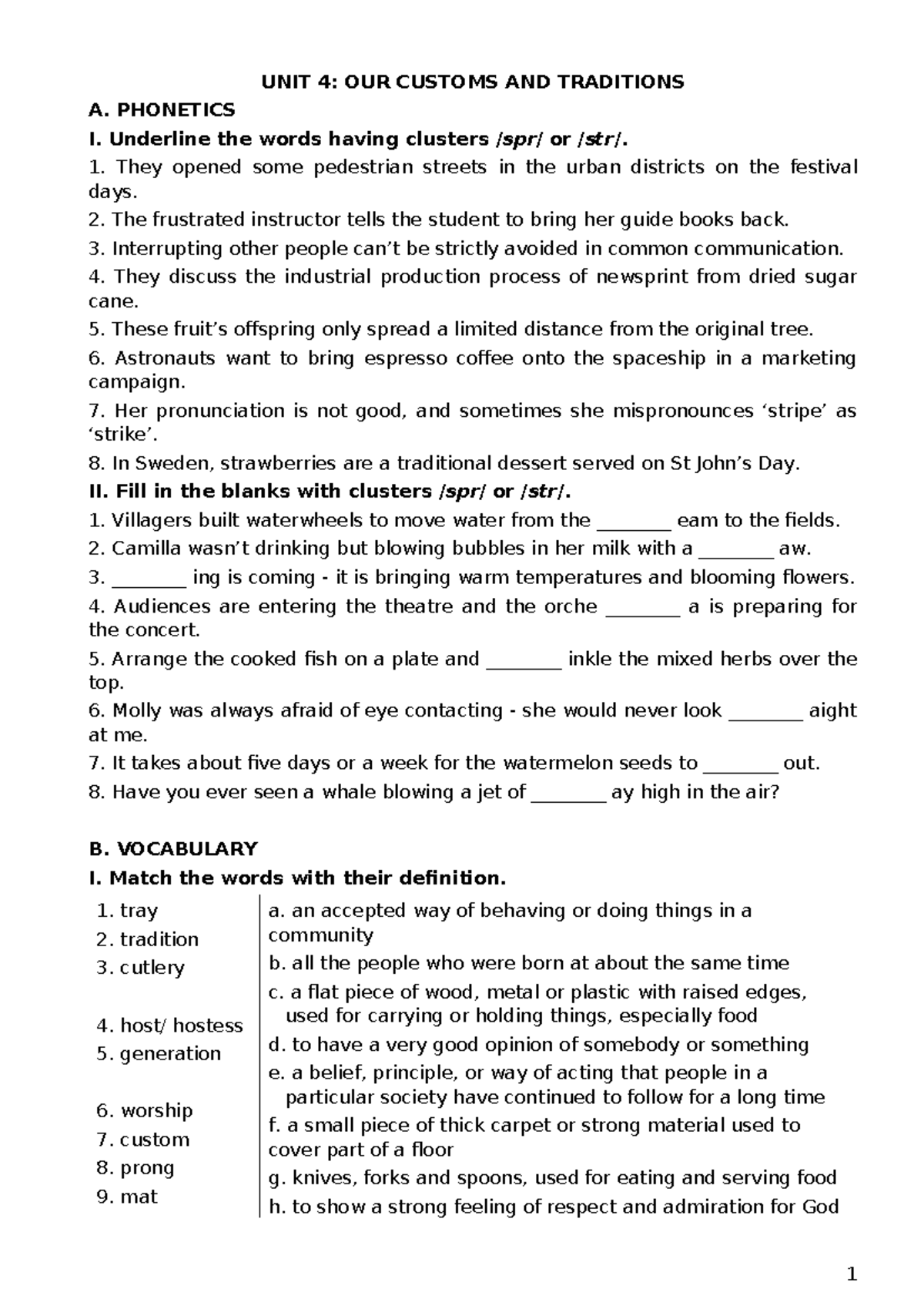Unit 4: Our Customs and Traditions - Phonetics & Vocabulary Notes - Studocu