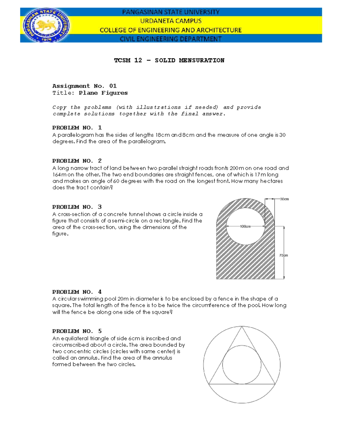 TCSM-12 Assignment-NO - TCSM 12 – SOLID MENSURATION Assignment No. 01 ...