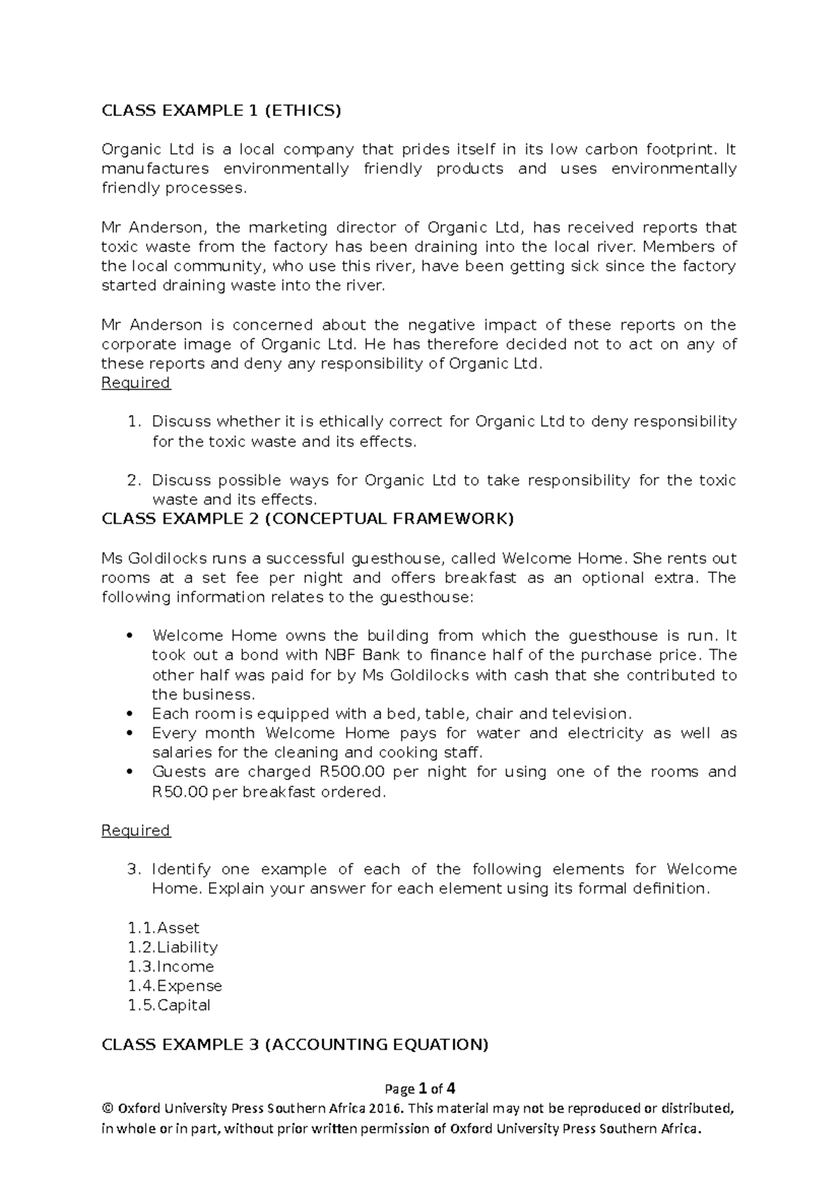 Class Examples Ethics, Conceptual Framework, Accounting Equation AND Trial Balance - CLASS ...