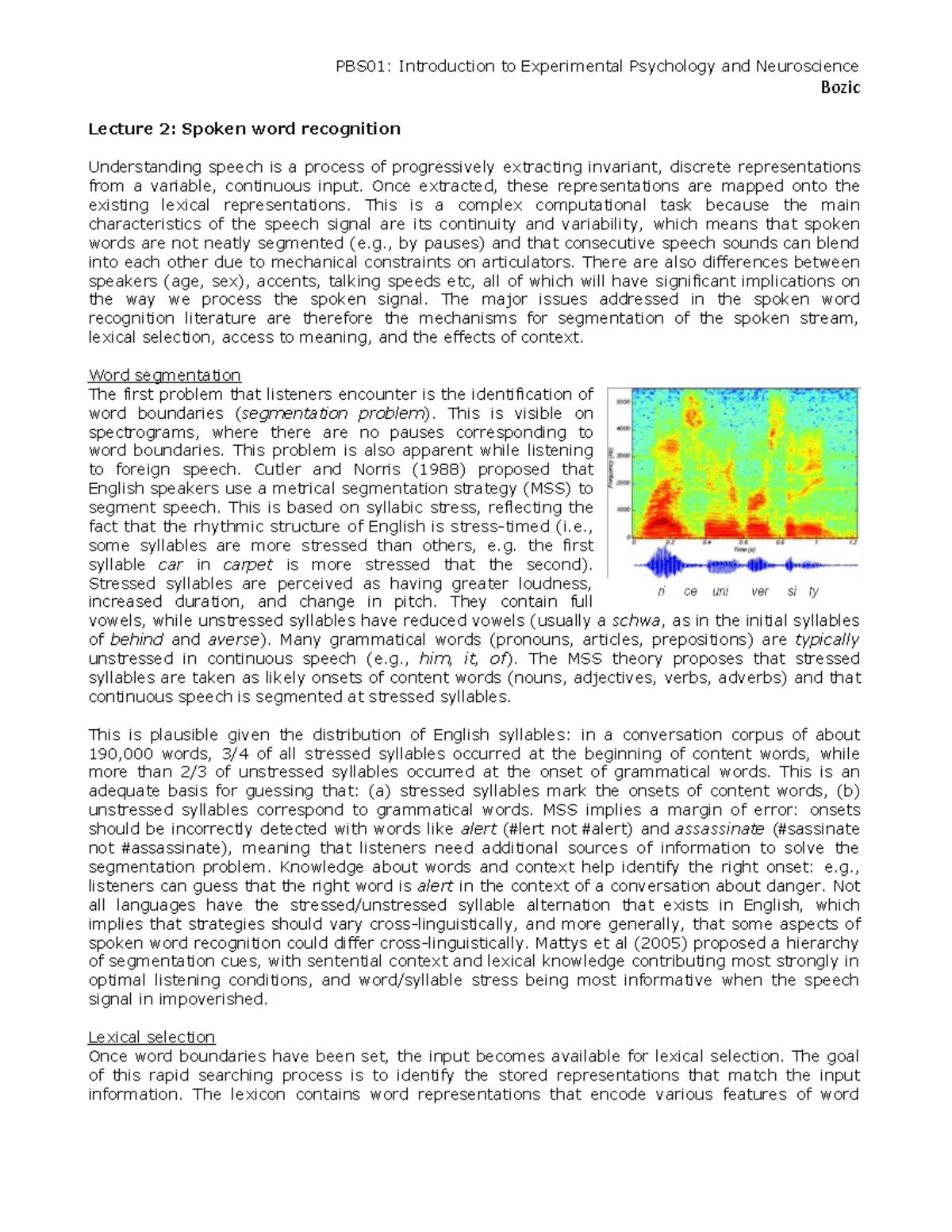PBS01: Lecture 2 - Spoken Word Recognition and Cognitive Processing ...
