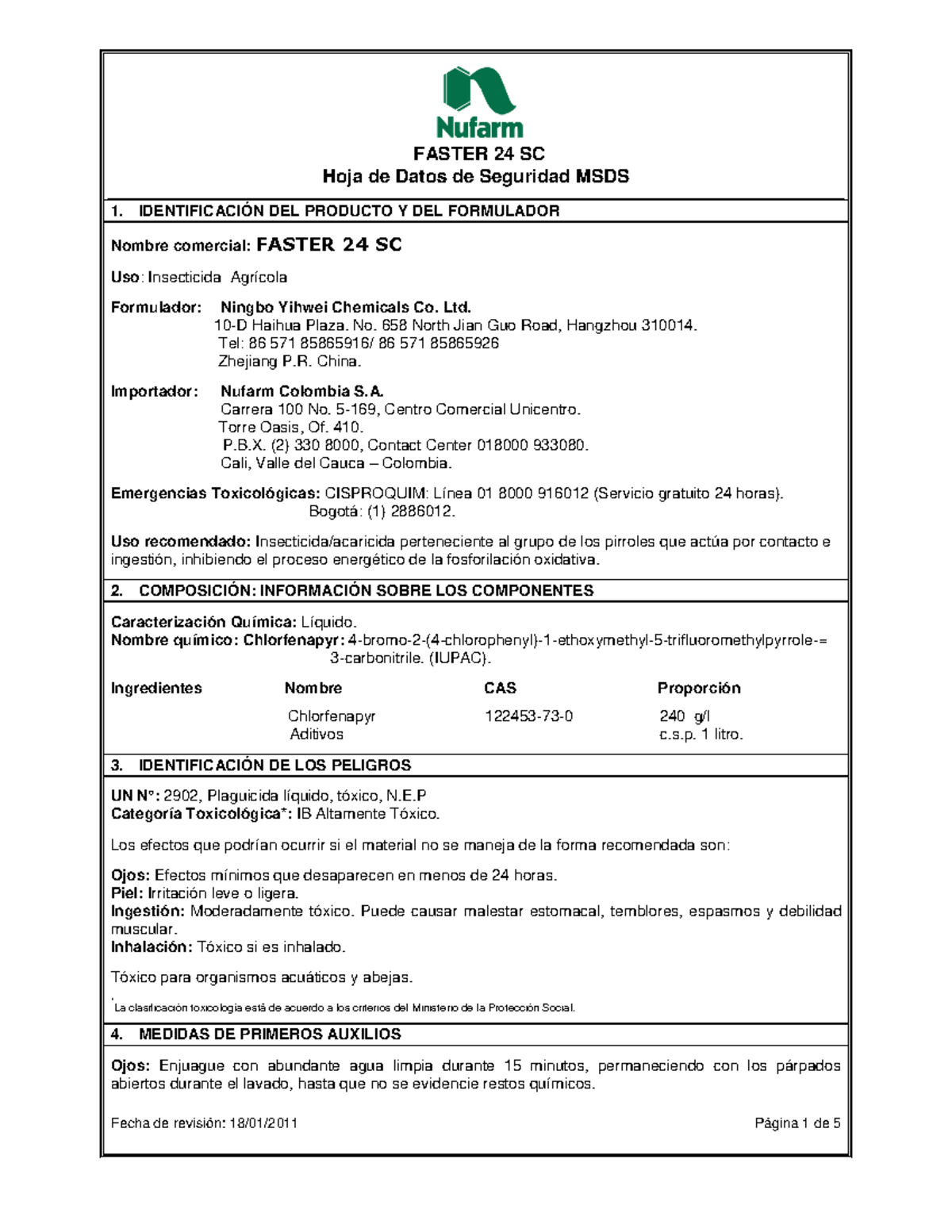 Hoja de Datos de Seguridad para FASTER 24 SC - MSDS Document - Studocu