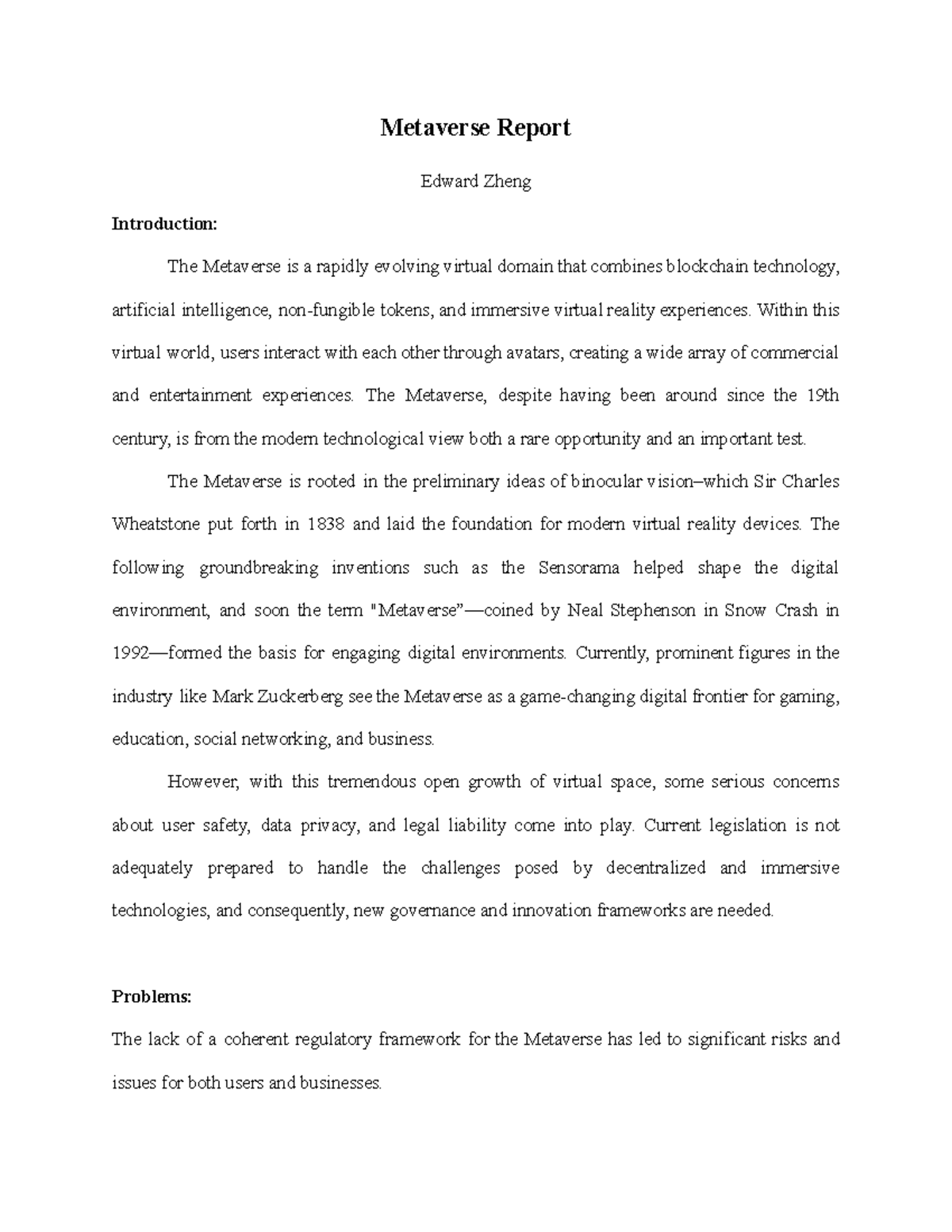 Metaverse Report - sample paper - Metaverse Report Edward Zheng ...