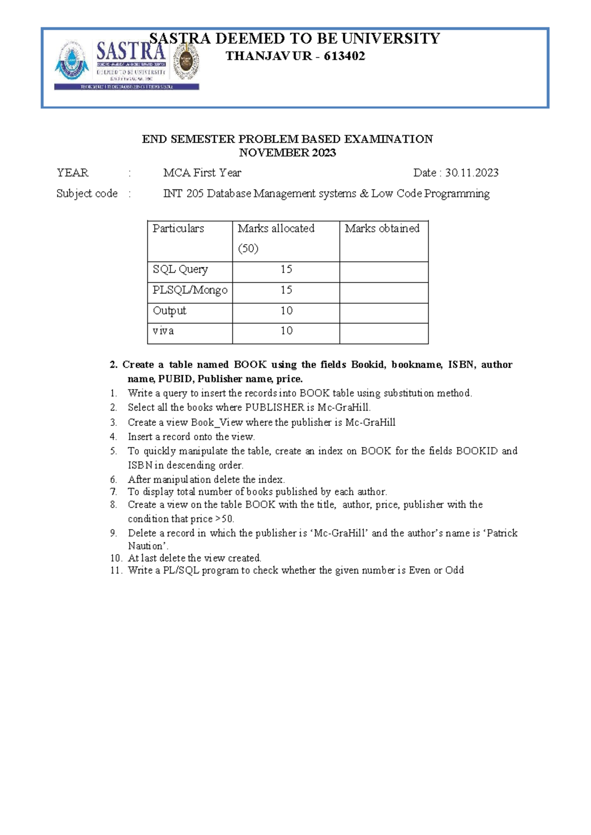 MCA INT 205 End Sem Exam Nov 2023: DBMS Low Code Programming - Studocu
