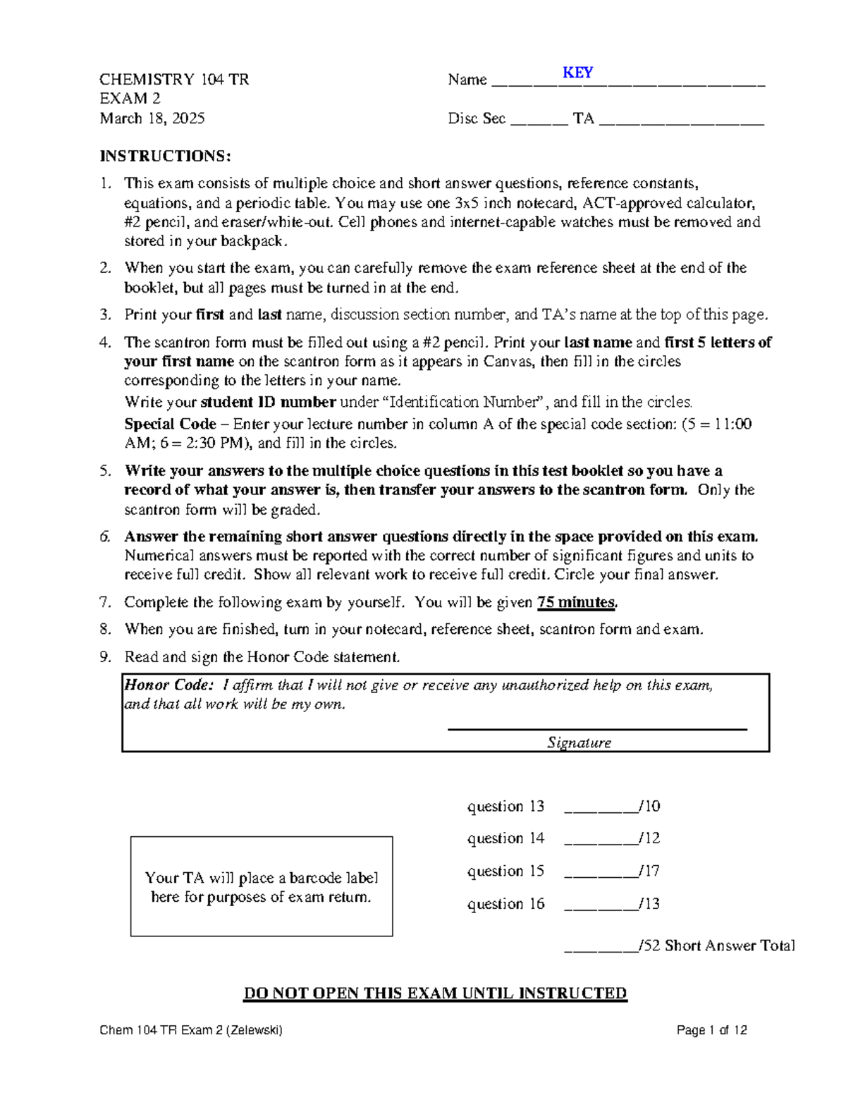 Chem 104 TR Exam 2 KEY Spring 2025 - CHEMISTRY 104 TR Name