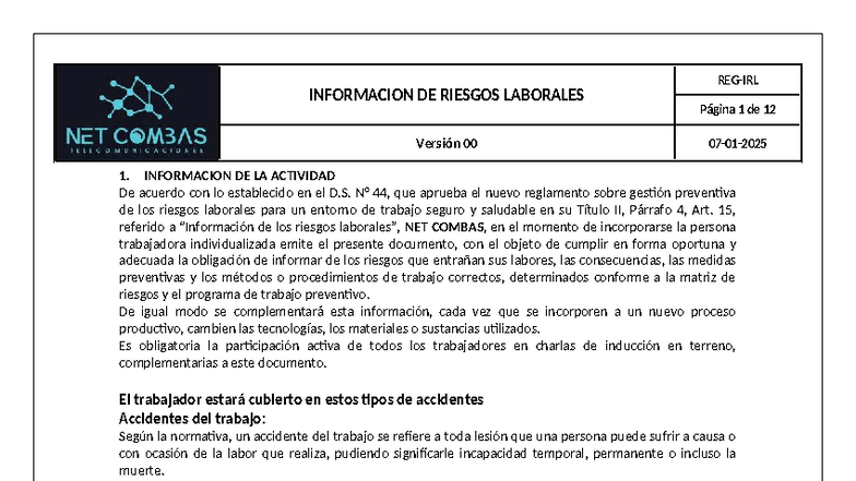 REG-IRL-Personal de Terreno: Información de Riesgos Laborales - Studocu