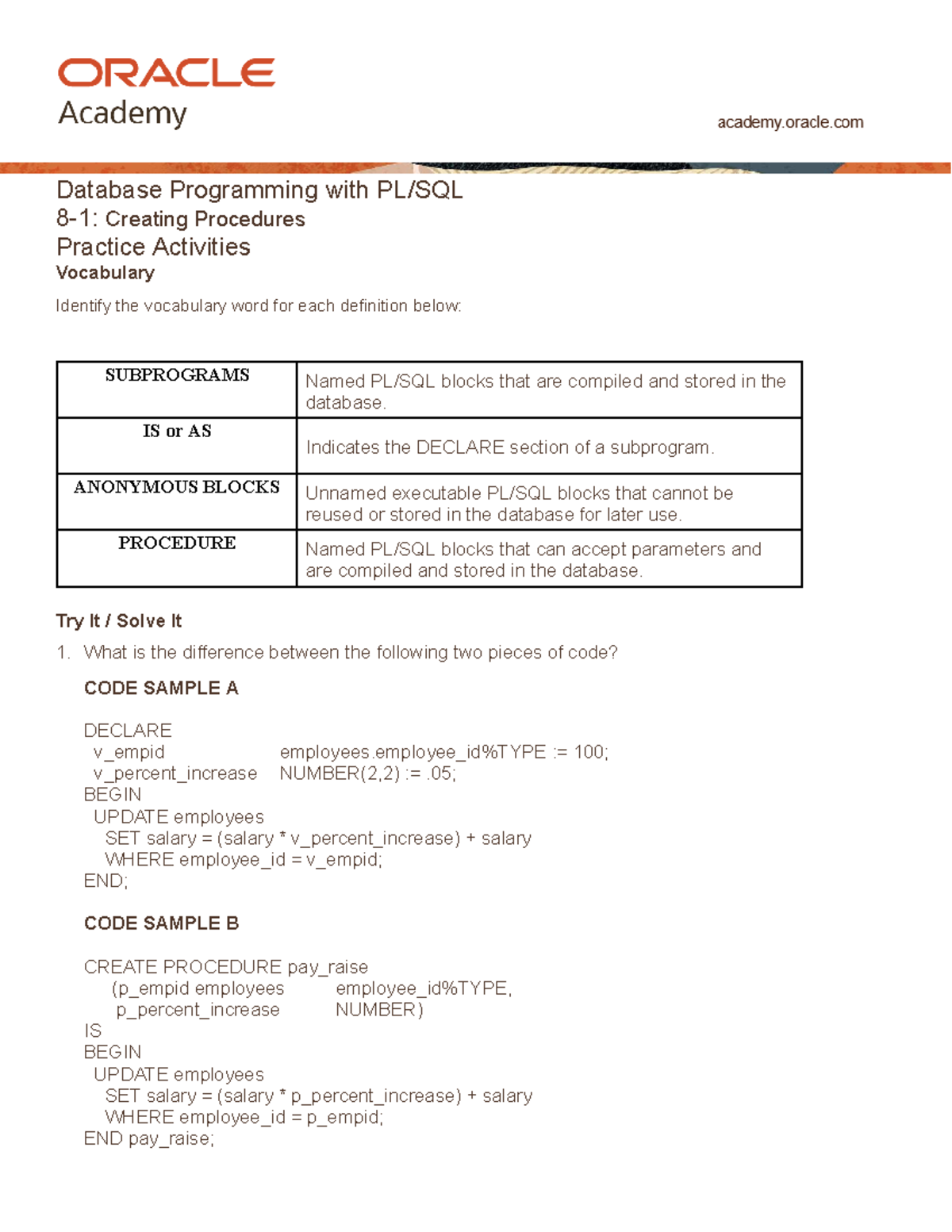 Database Programming (CS101): Procedures & Subprograms Practice ...