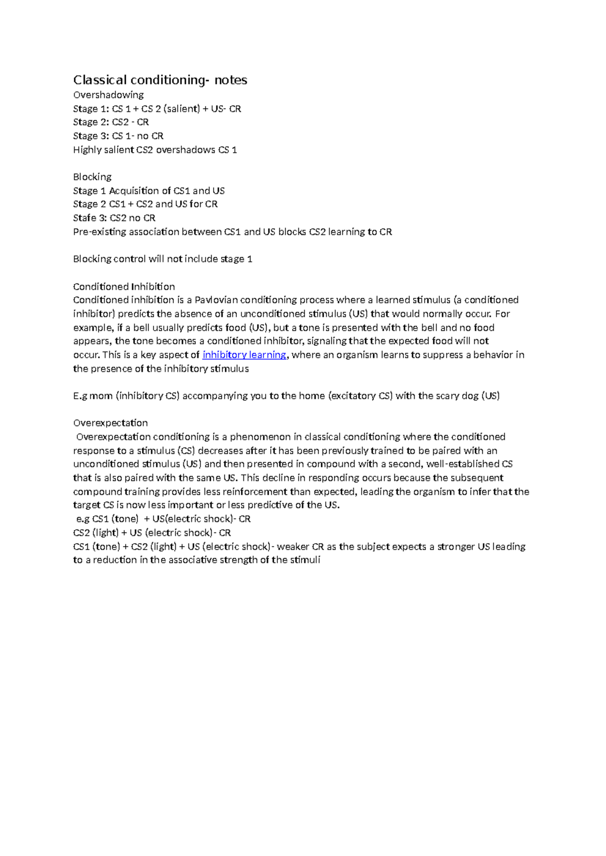 Classical Conditioning Notes: CS1, CS2, and Inhibitory Learning - Studocu
