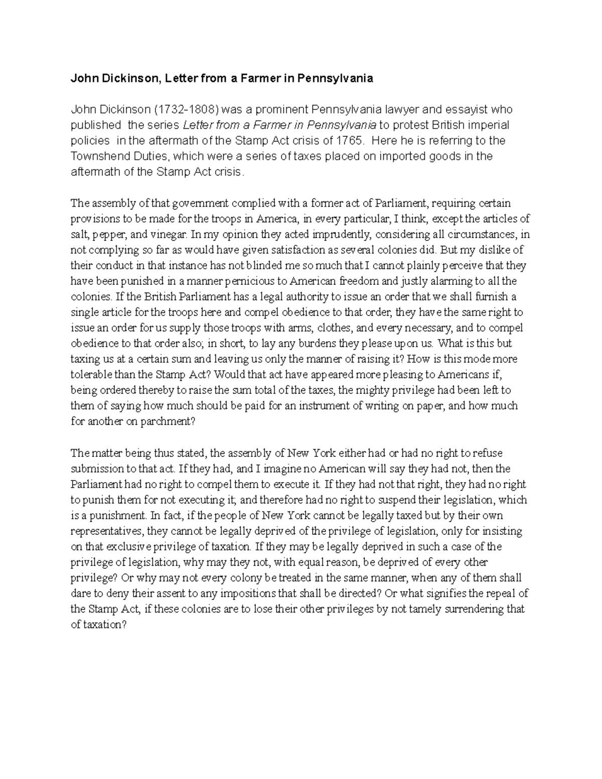 Letters from a Farmer in Pennsylvania: John Dickinson's Political Views ...