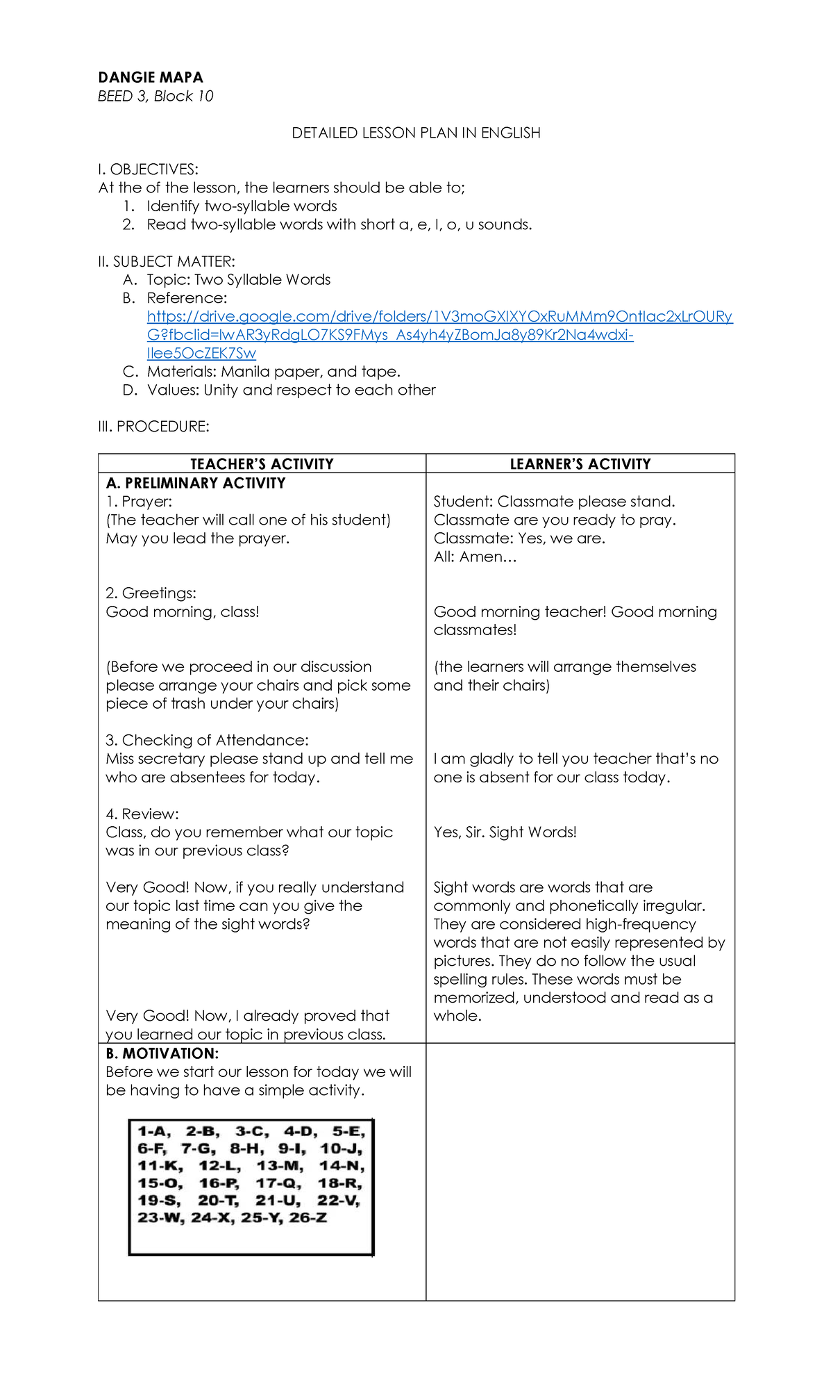 BEED 3 Block 10 Detailed Lesson Plan: Two Syllable Words in English ...
