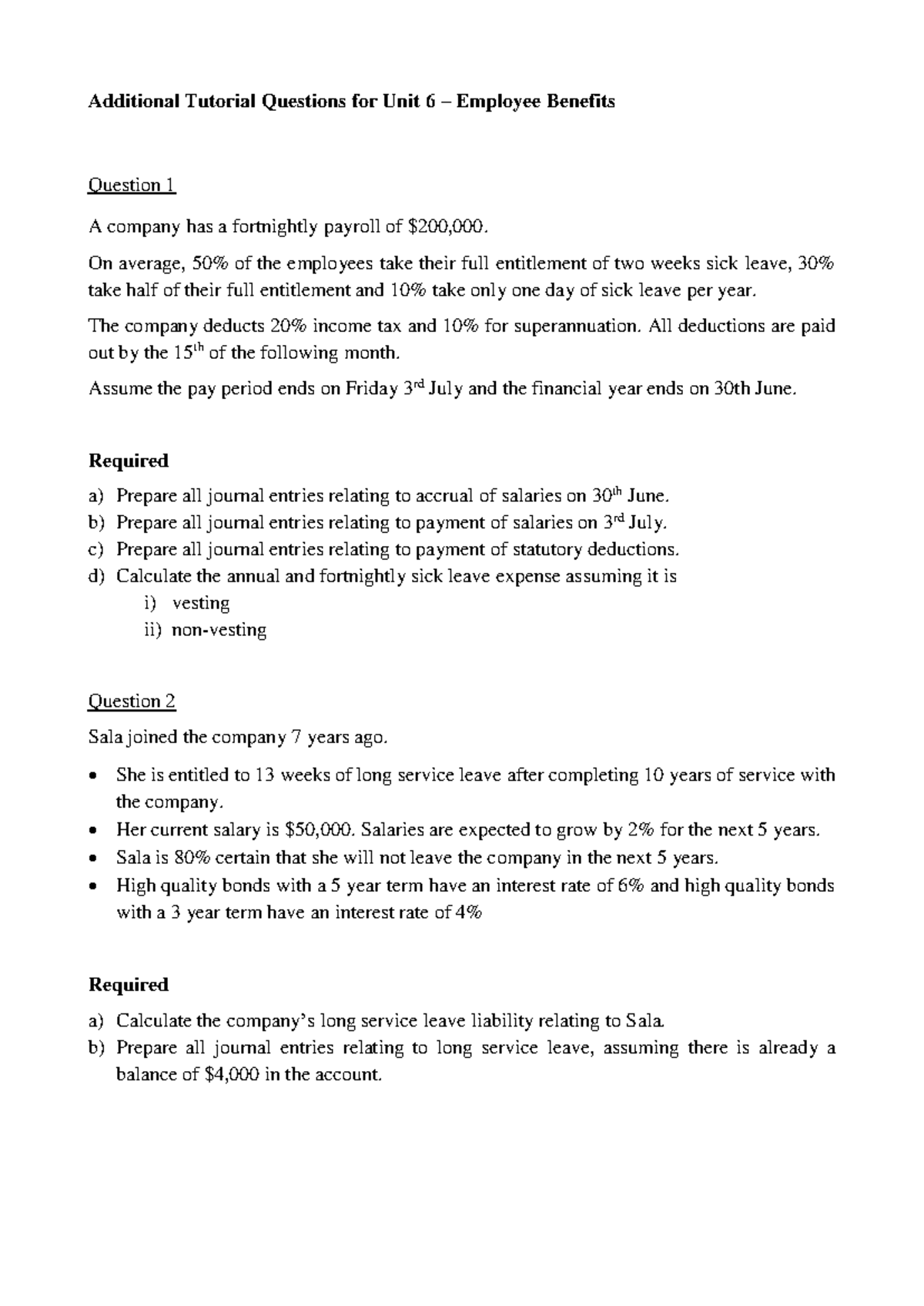 Unit 6 Tutorial Questions - Employee Benefits Analysis - Studocu
