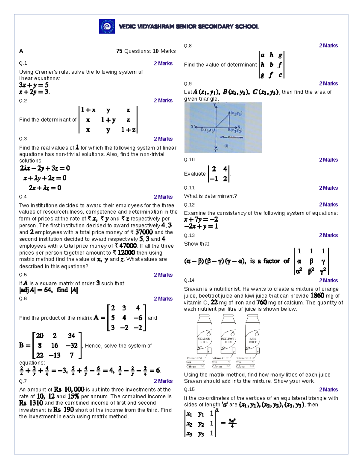 Matrices: Solving Linear Equations and Applications (VEDIC VIDYASHRAM ...