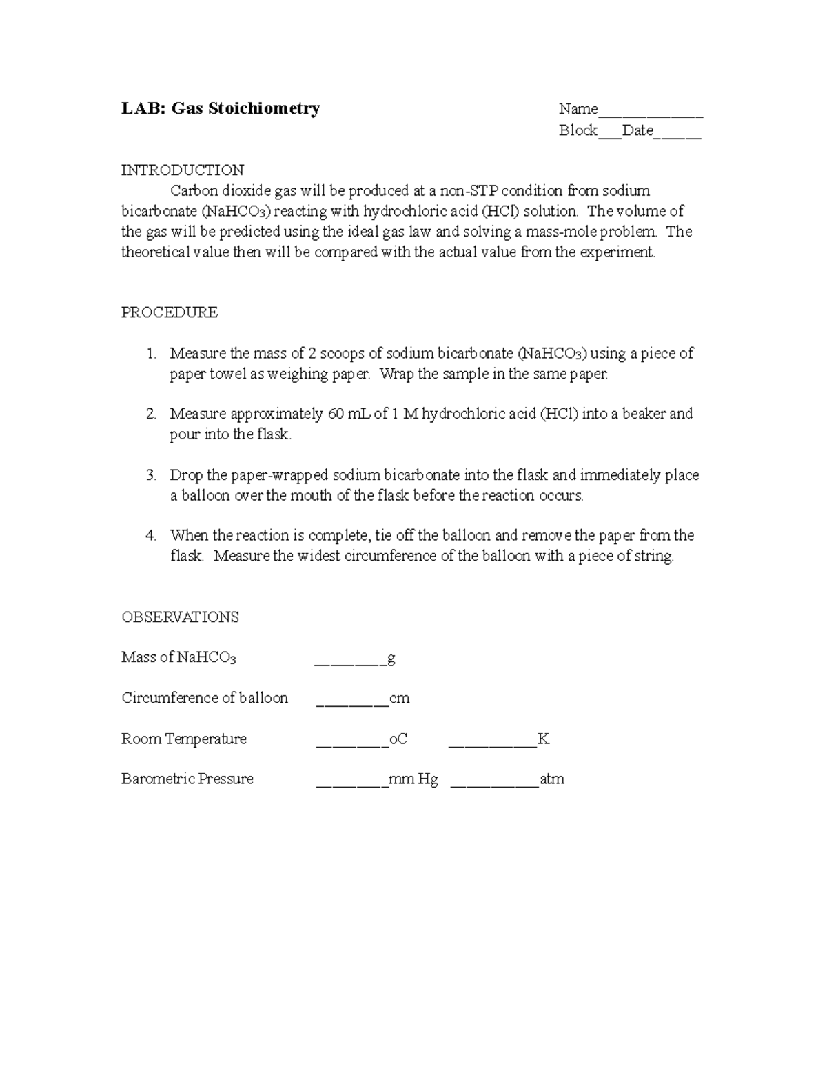 Gas stoichiometry - Gas law problems - LAB: Gas Stoichiometry Name ...