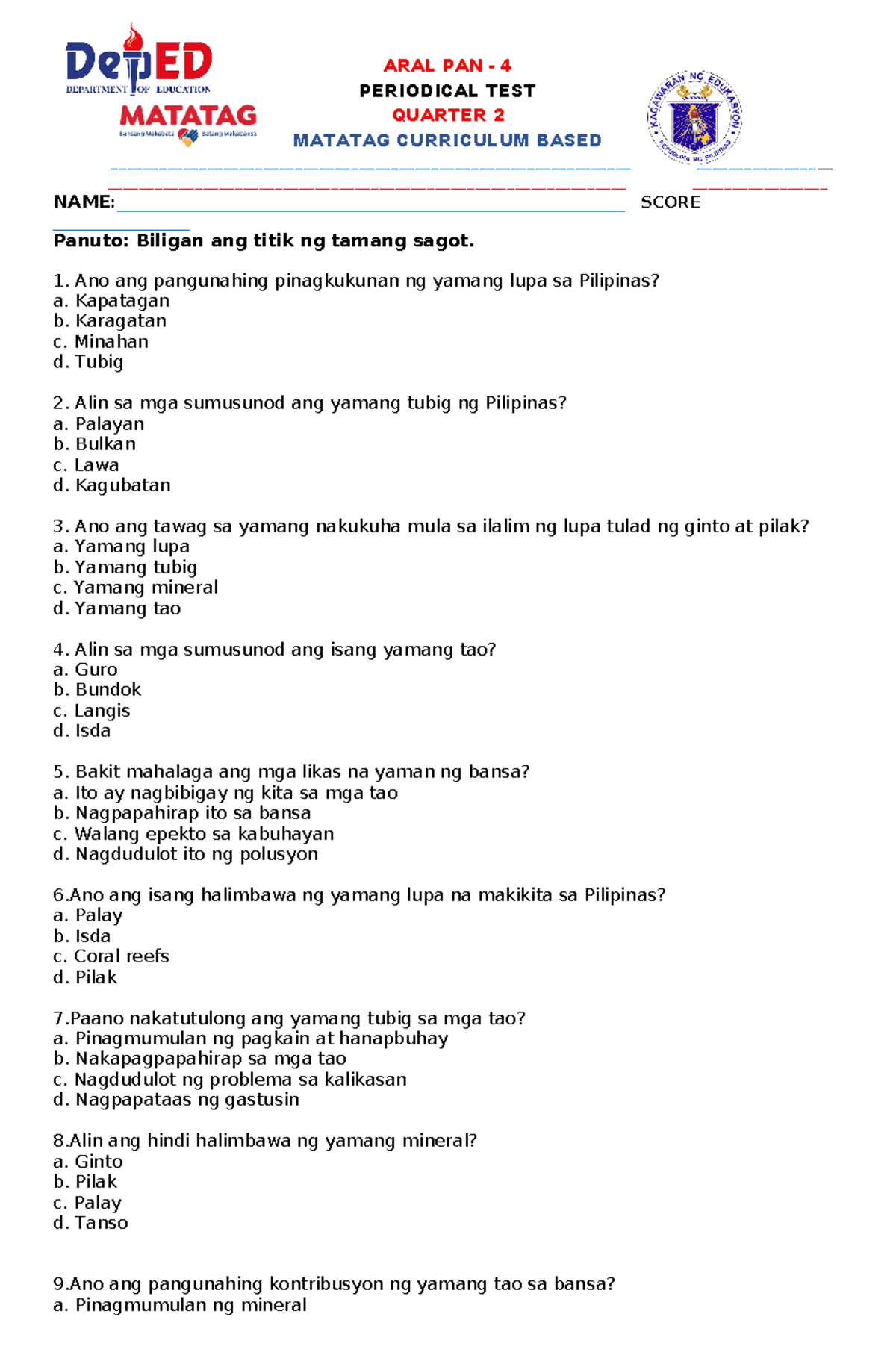 ARAL PAN - QUARTER 2 PERIODICAL TEST SAMPLE EXAM - Studocu