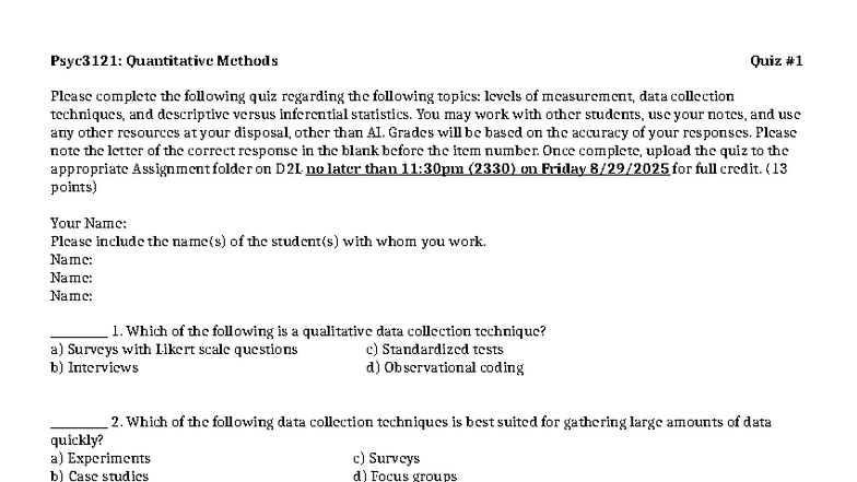 Psyc3121: Quantitative Methods Quiz 1 on Data Collection & Statistics ...