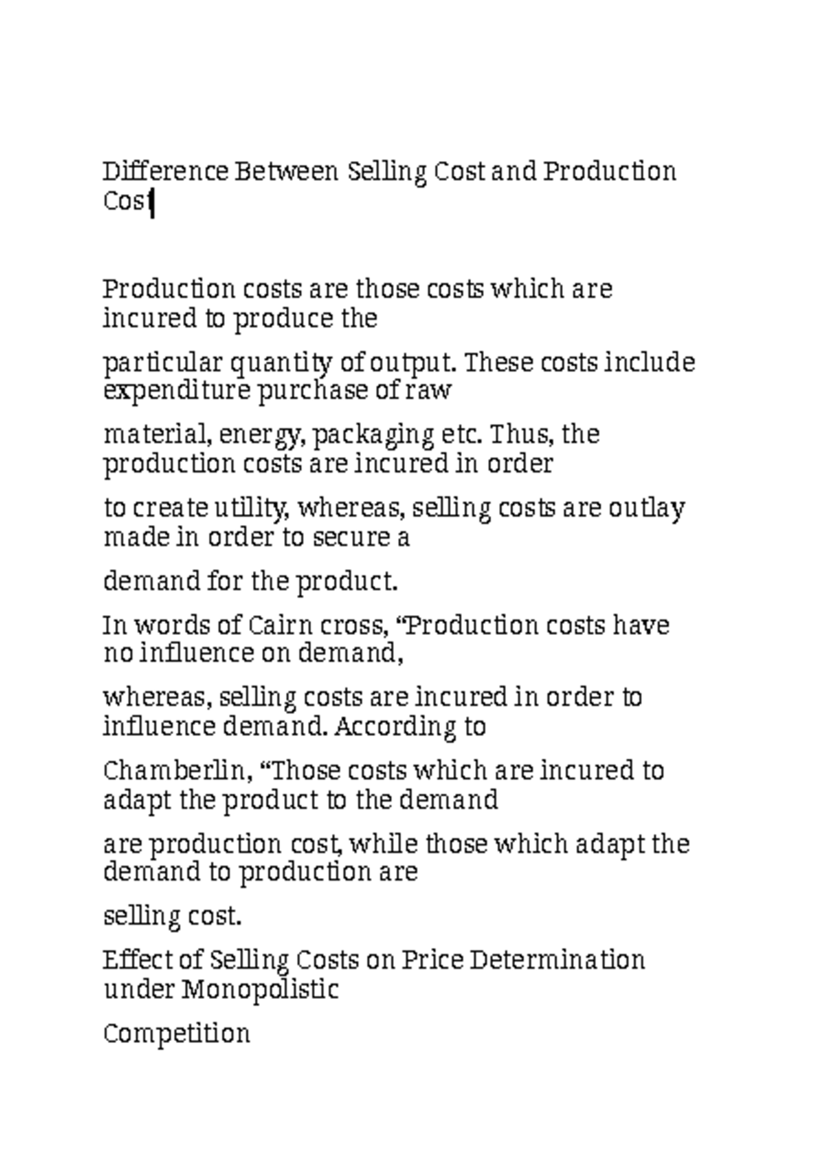 Comparative Analysis of Selling and Production Costs in Economics - Studocu
