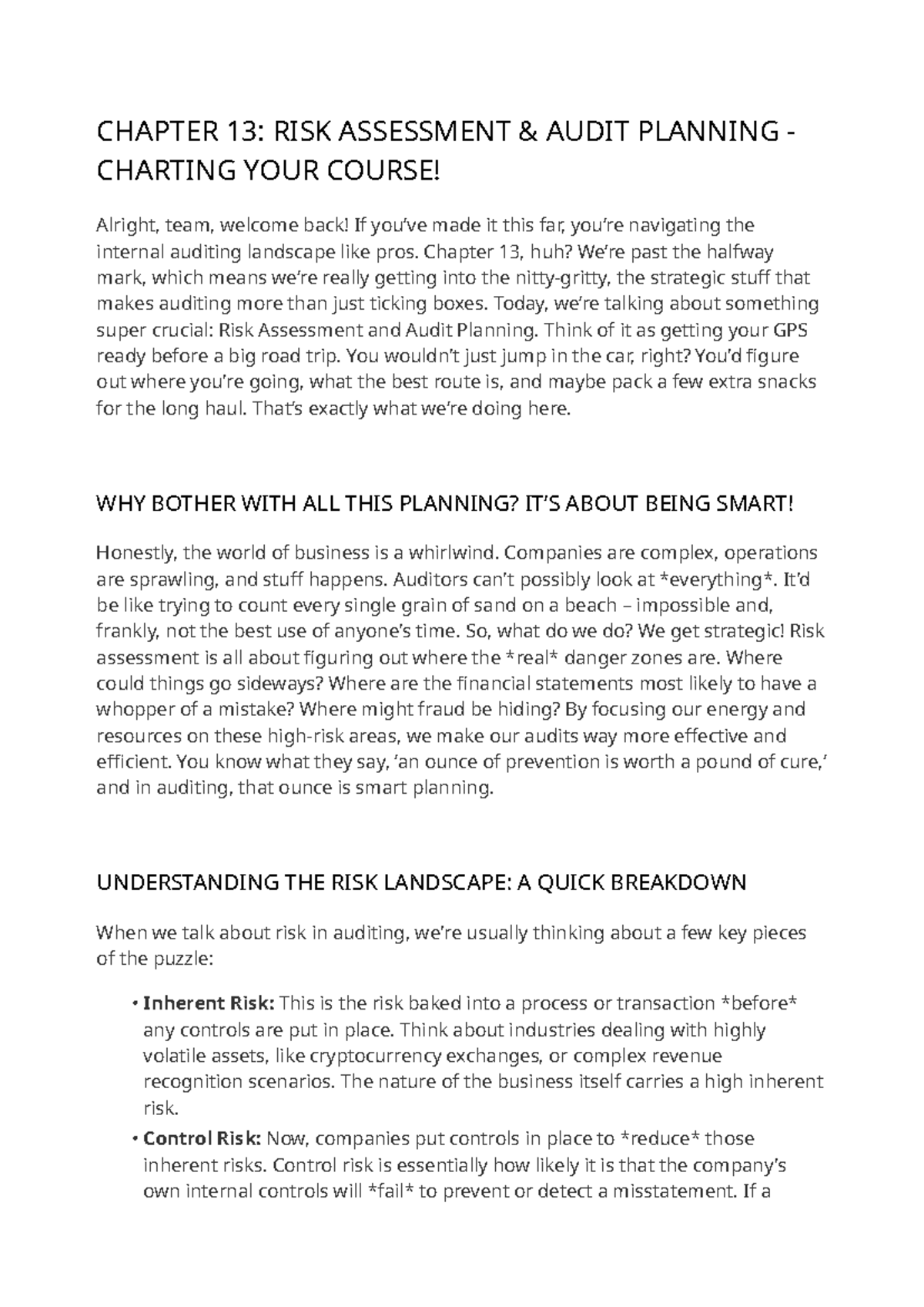 CHAPTER 13: RISK ASSESSMENT & AUDIT PLANNING REVIEW - Studocu