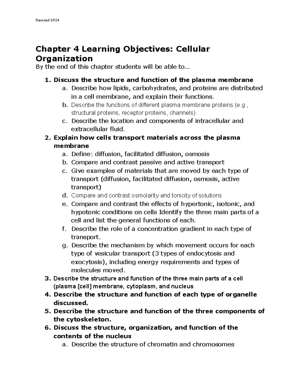 SP24 Chapter 4 Learning Objectives: Cellular Organization Summary - Studocu