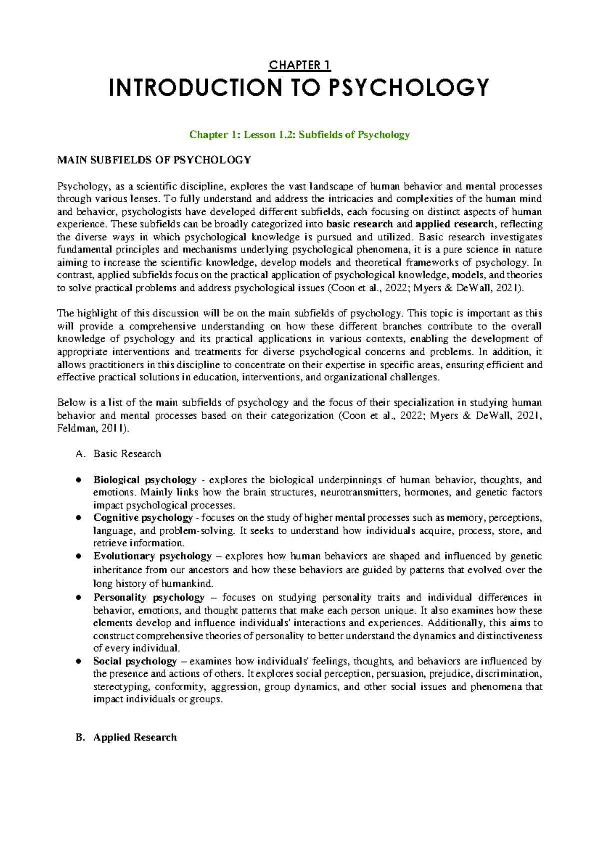 CHAPTER 1: INTRO TO PSYCHOLOGY - Lesson 1.2 Subfields Overview - Studocu