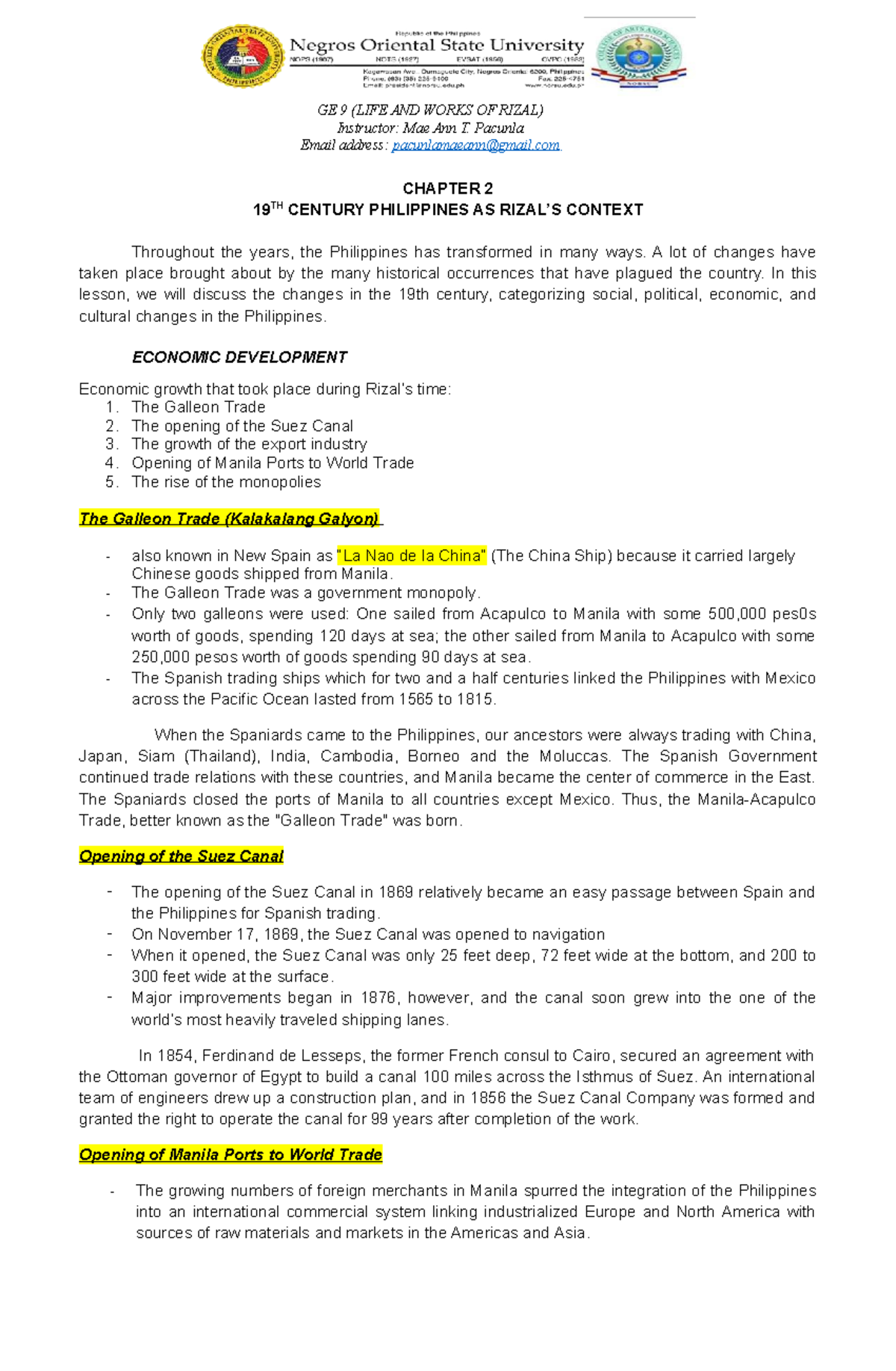 GE 9: Chapter 2 - 19th Century Philippines Context and Developments ...