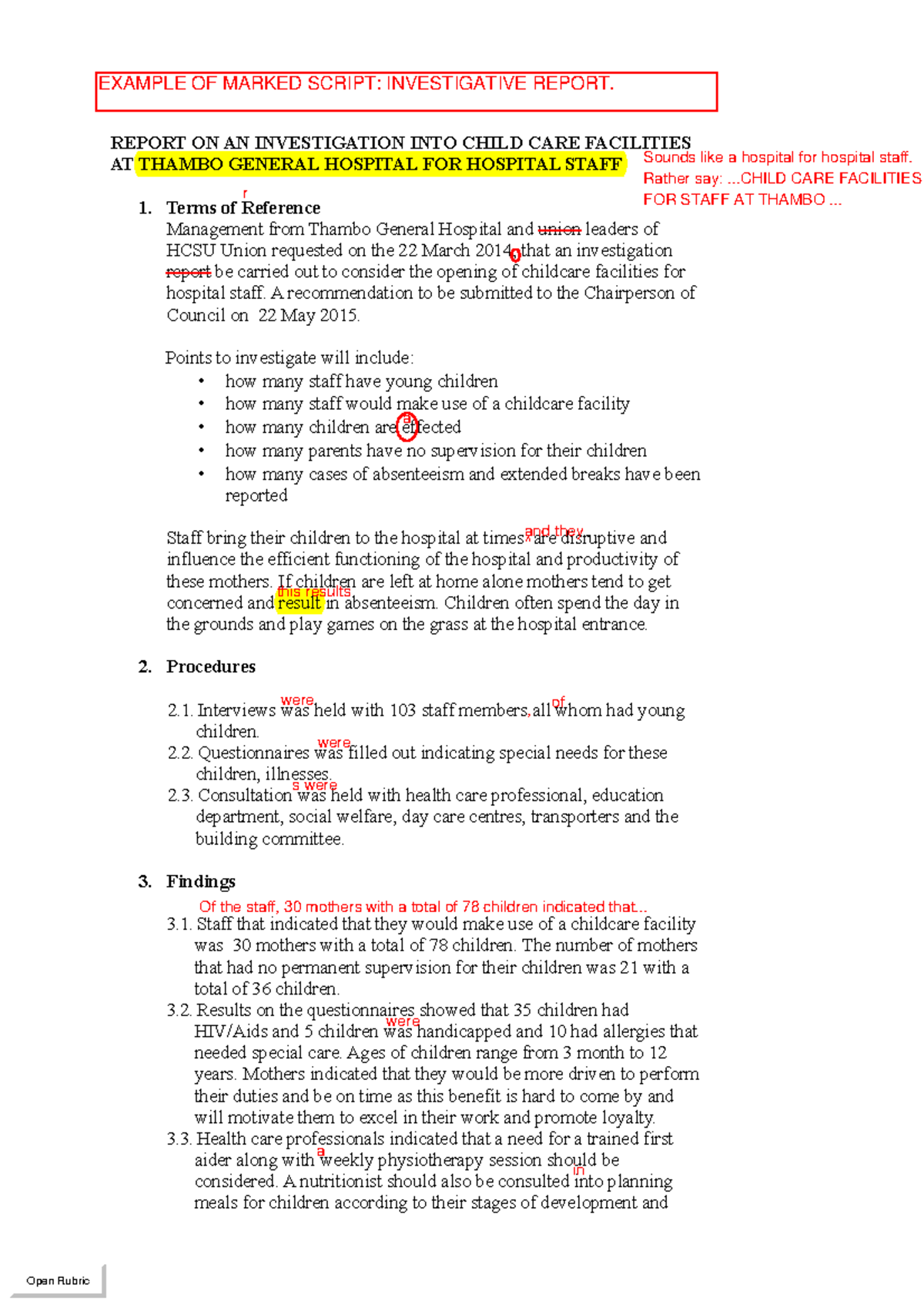 Investigation Report on Child Care Facilities at Thambo General ...