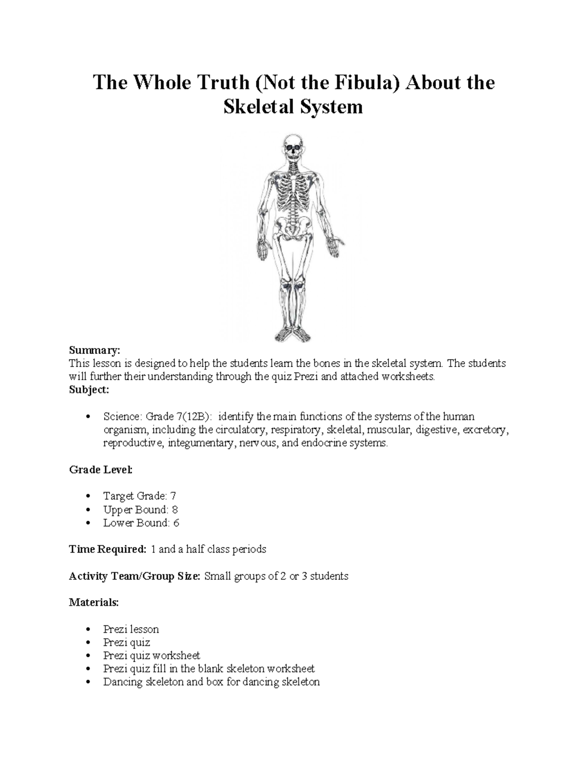 7th Grade Science: Skeletal System Lesson Plan & Quiz Activities - Studocu