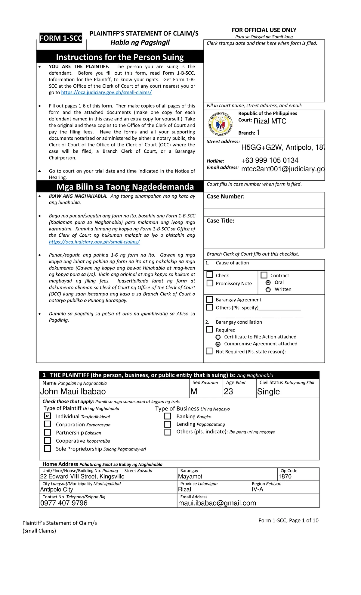 FORM 1-SCC: Small Claims Plaintiff's Statement of Claim and ...